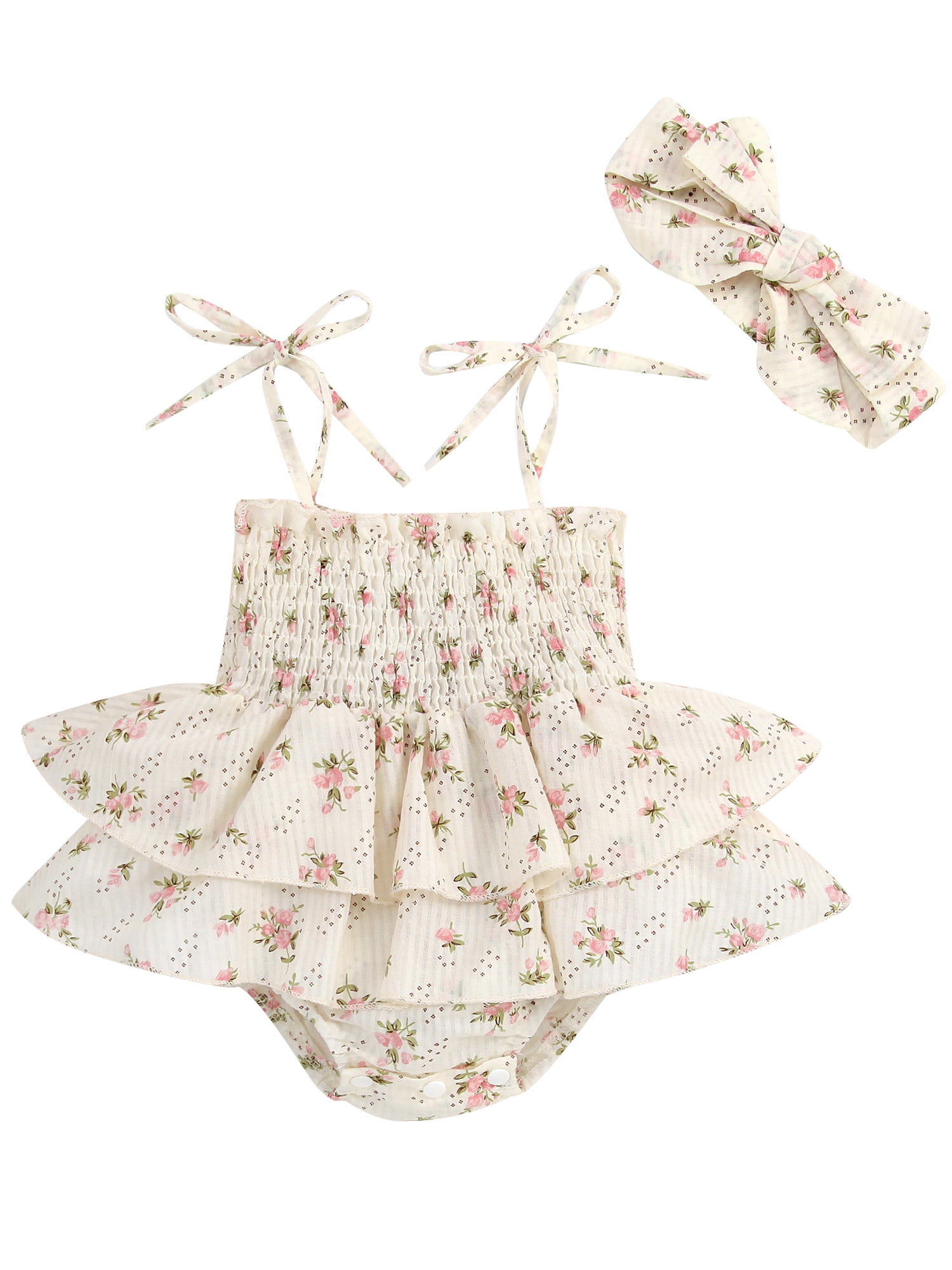 Mevireiy Baby Girls Smocked Romper Dress Vintage Floral Print Halter Strap Frill Playsuit ...