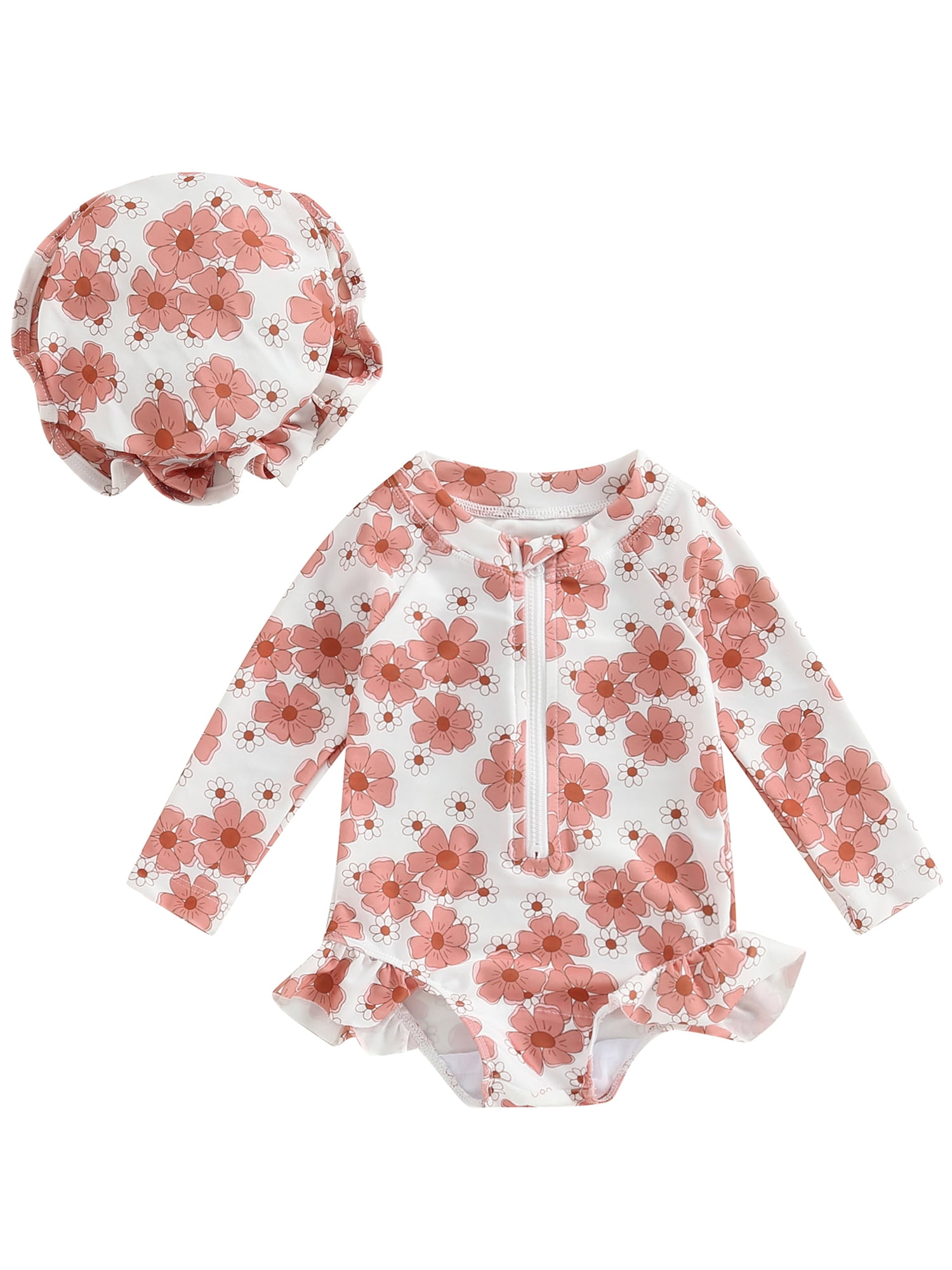 Mevireiy Baby Girls Swimsuit Floral Print One-Piece Long Sleeve Rash Guard with Hat,Pink,9-12 ...