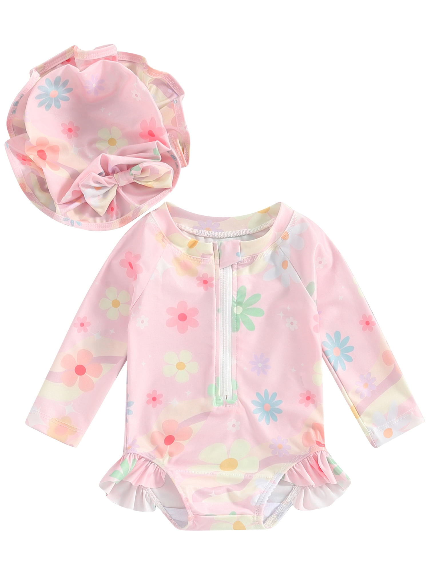 Mevireiy Baby Girls Swimsuit One Piece Floral Zipper Ruffle Zipper Rash Guard with Hat - Walmart.com