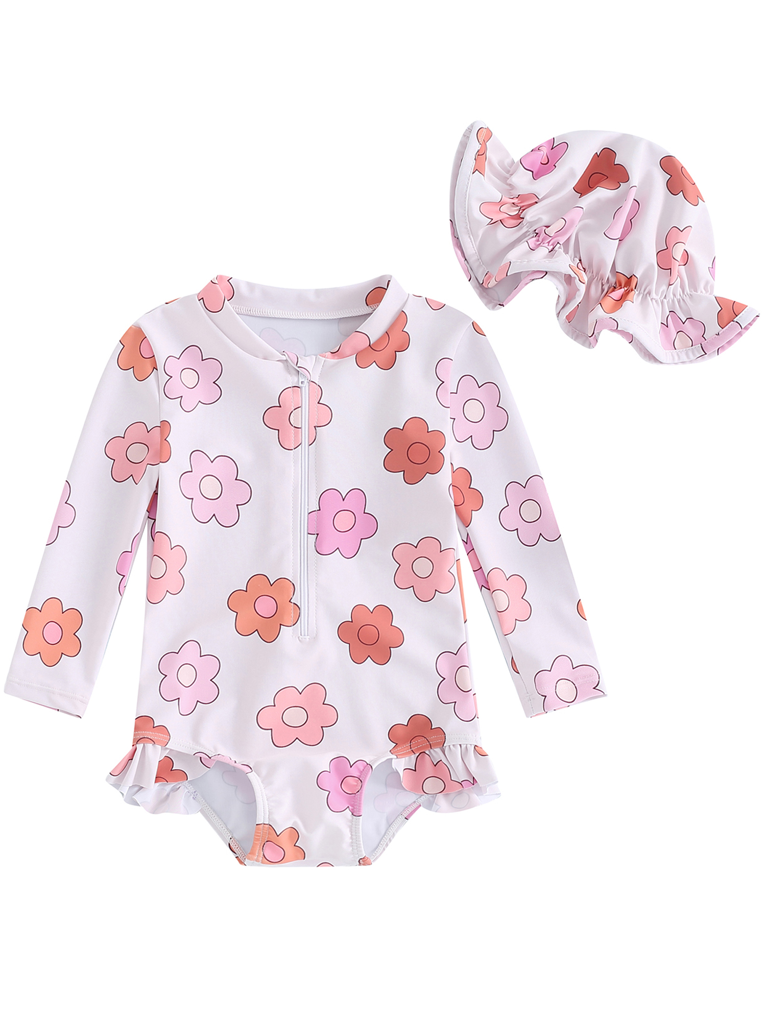 Mevireiy Baby Girls Swimsuit One Piece Floral Zipper Ruffle Zipper Rash Guard with Hat - Walmart.com