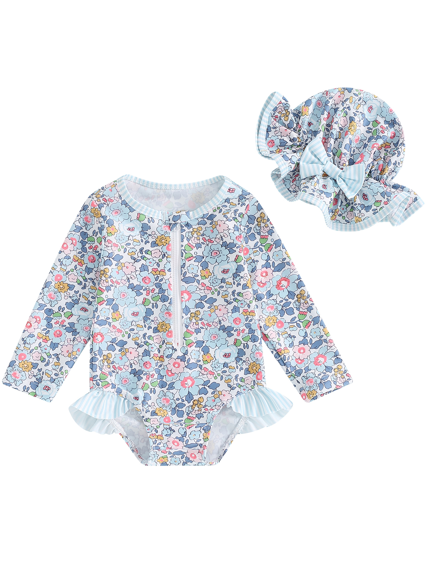 Mevireiy Baby Girls Swimsuit One Piece Floral Zipper Ruffle Zipper Rash Guard with Hat - Walmart.com
