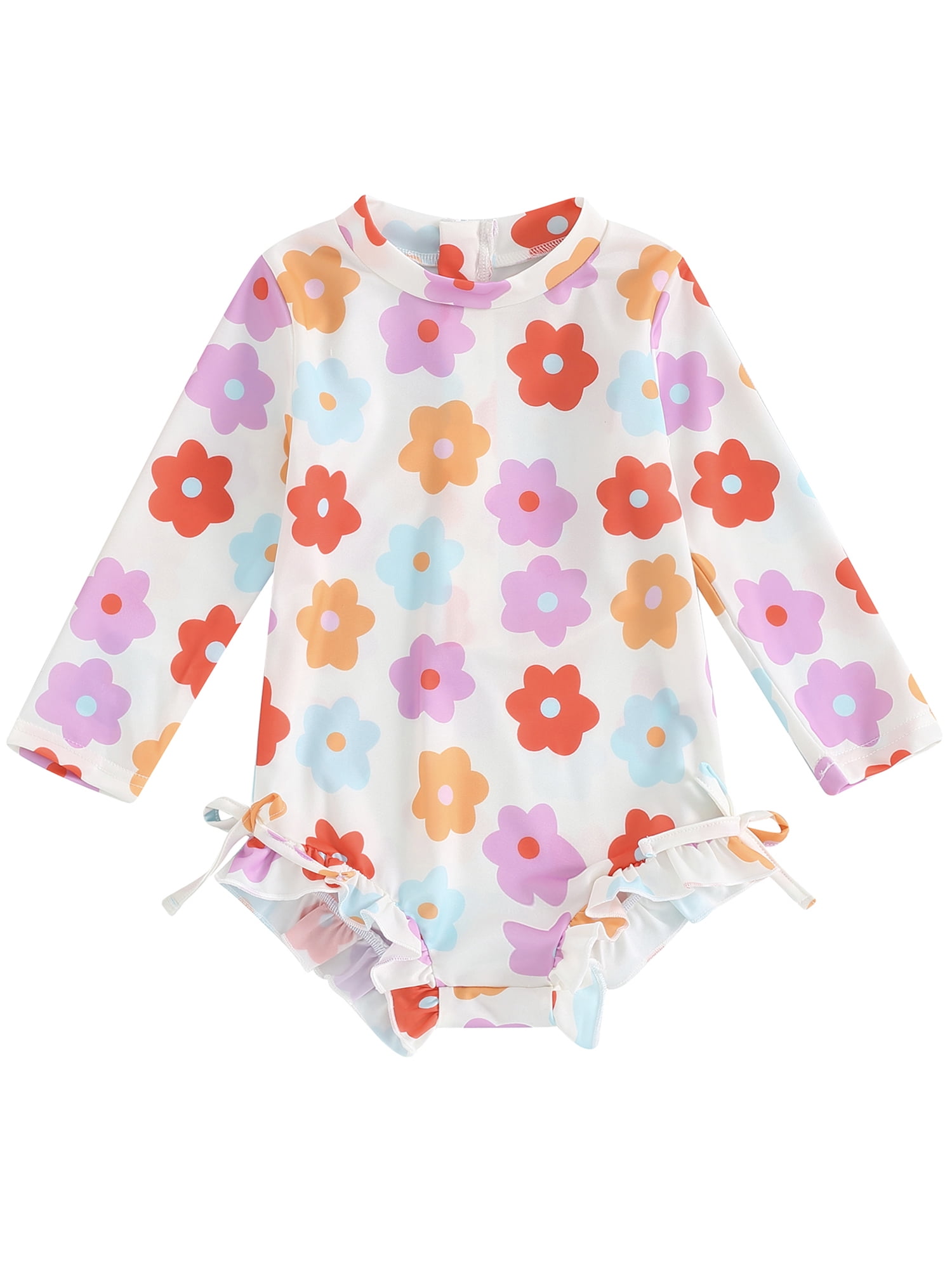 Mevireiy Baby Girls Swimsuit One Piece Long Sleeve Tie Up Floral Rash Guard UPF 50+,White,2-3 ...