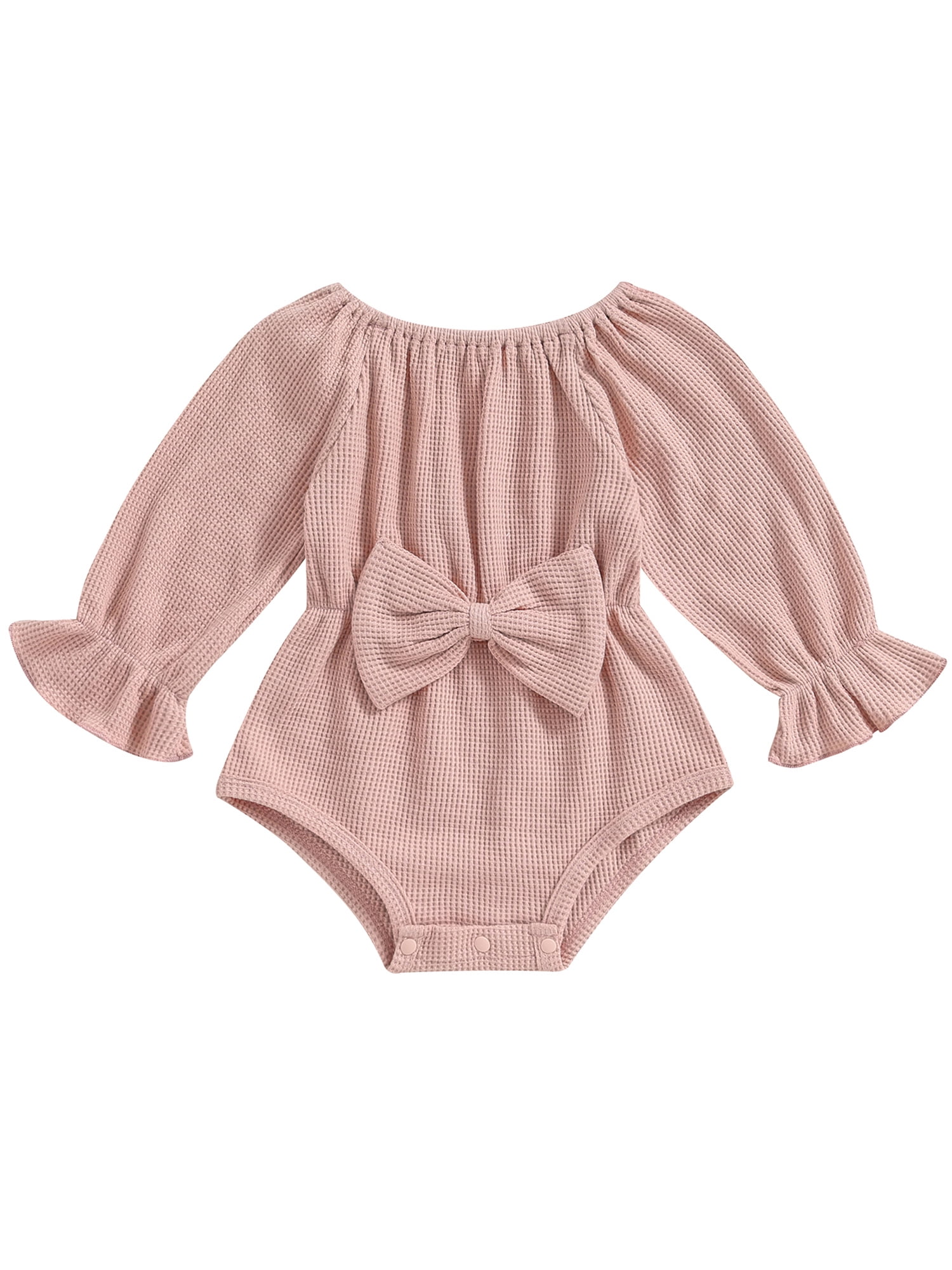 Mevireiy Baby Girls Waffle Knit Romper Long Sleeve Bow-Knot Jumpsuit Onesie Bodysuit, Pink, 9-12 ...