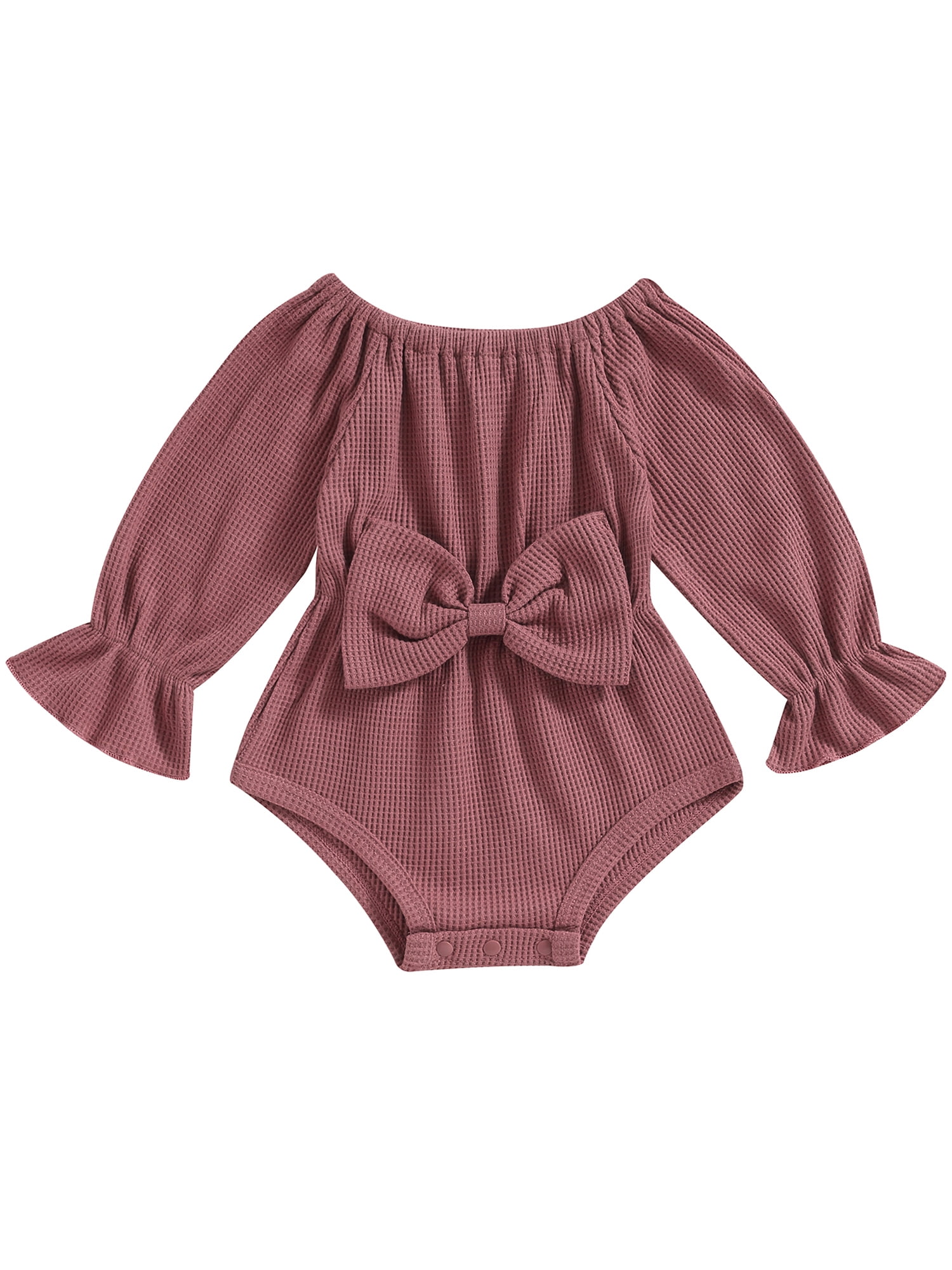 Mevireiy Baby Girls Waffle Knit Romper Long Sleeve Bow-Knot Jumpsuit Onesie Bodysuit, Purple, 9 ...