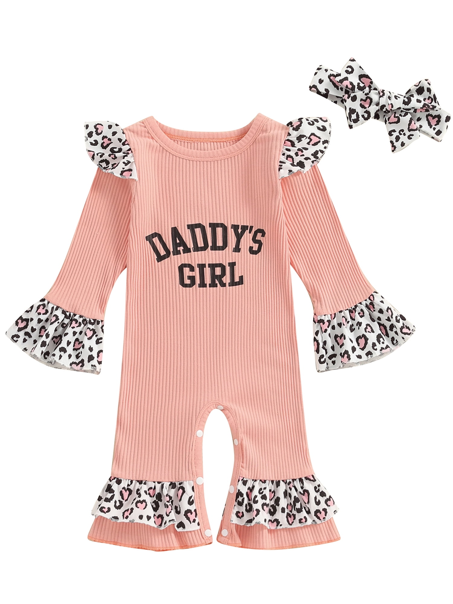 Mevireiy Daddys Girl Ribbed Knit Jumpsuit Leopard Patchwork One Piece Romper Pants, Pink, 3-6 ...