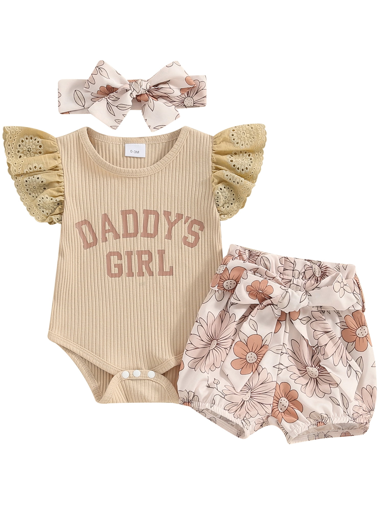 Mevireiy Daddys Girl Ribbed Knit Lace Trim Romper High Waist Floral ...