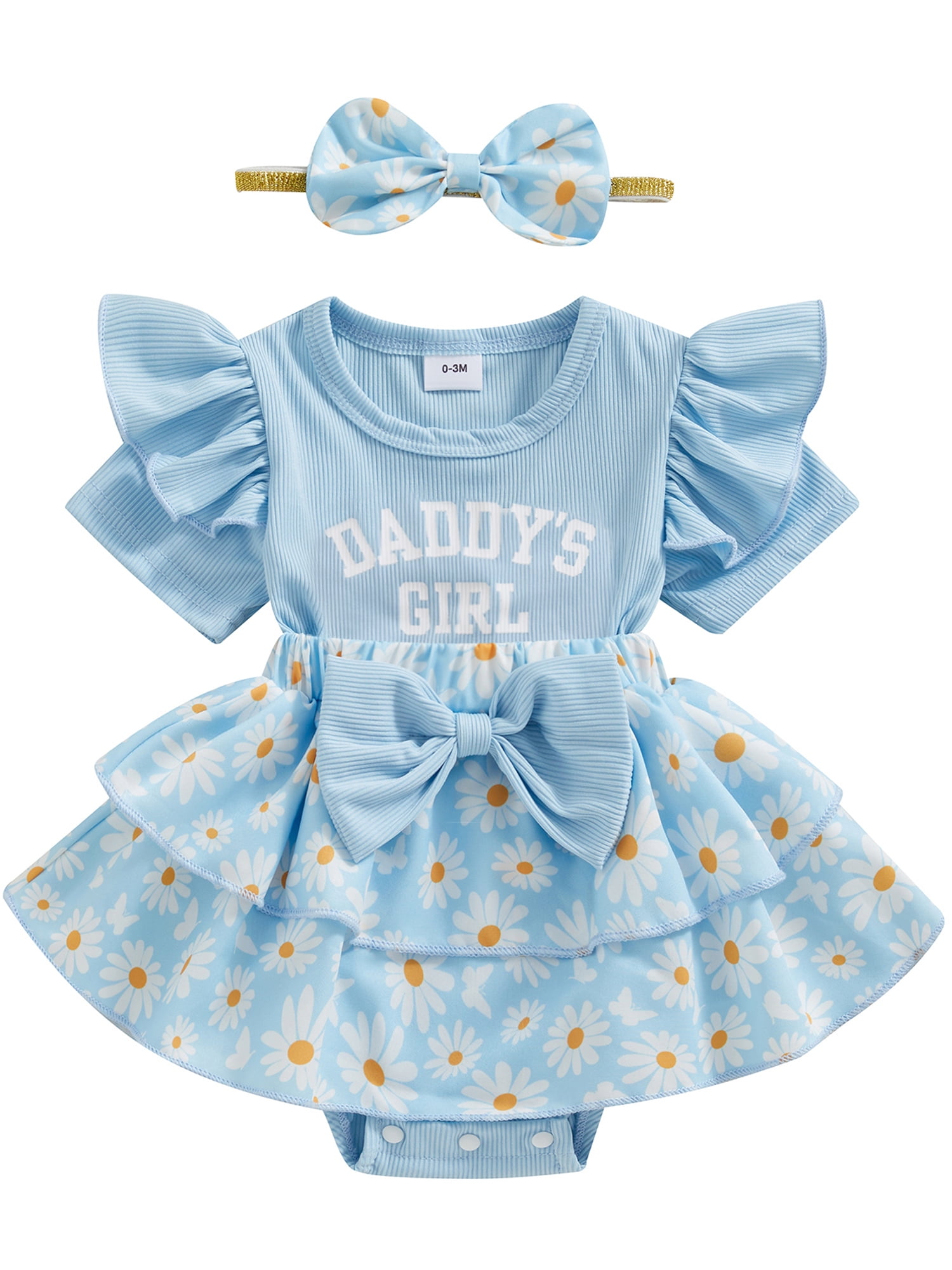 Mevireiy Daddys Girl Romper Dress Ribbed Knit Patchwork Daisy Floral Print Bodysuit, Blue, 3-6 ...