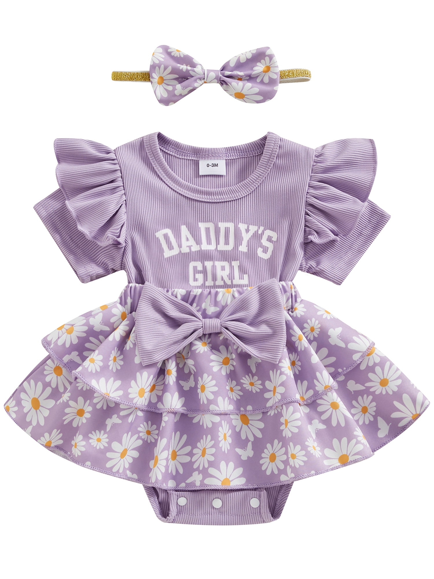 Mevireiy Daddys Girl Romper Dress Ribbed Knit Patchwork Daisy Floral Print Bodysuit, Purple, 0-3 ...