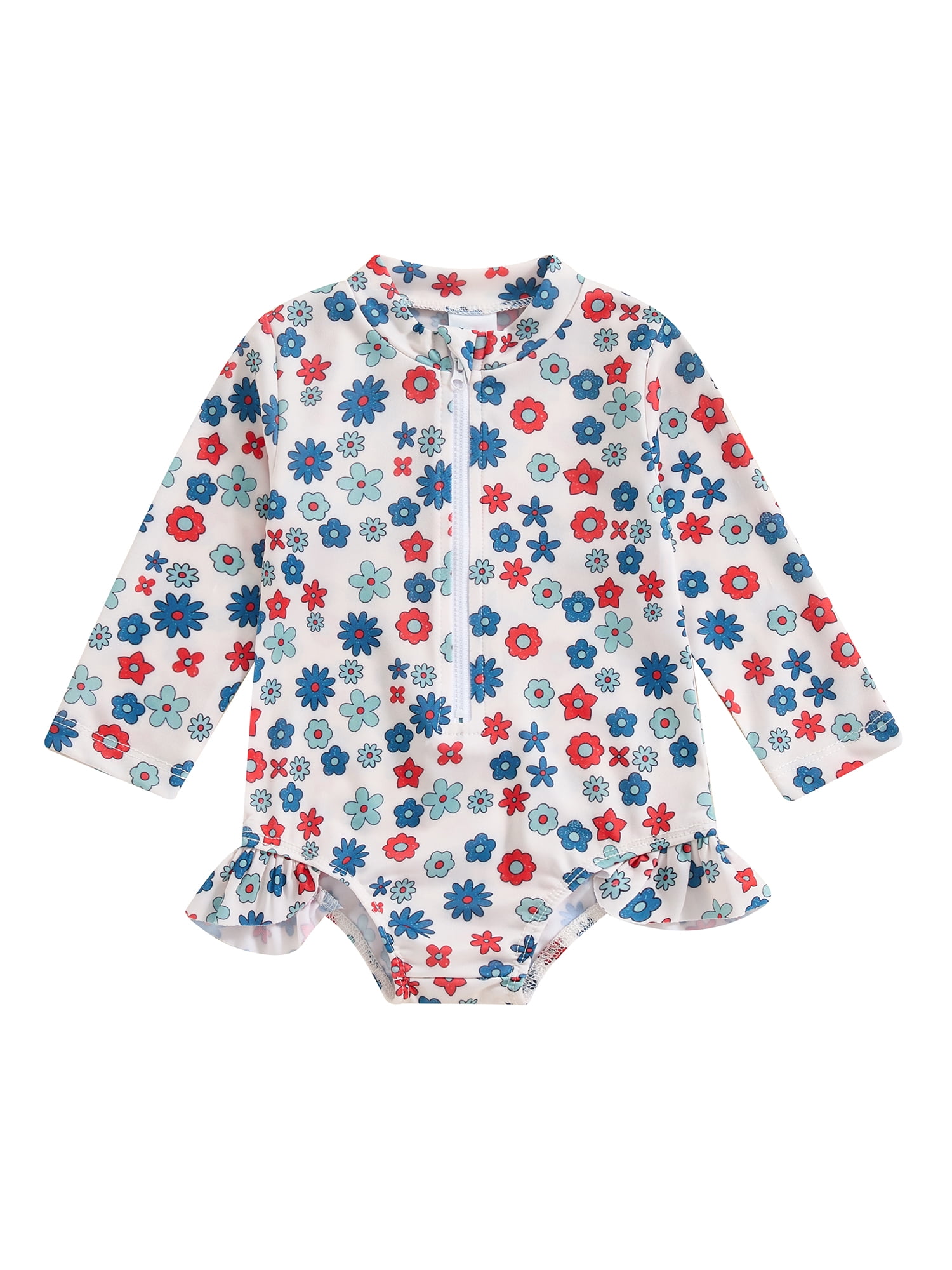 Mevireiy Infant Baby Girls Rash Guard Long Sleeve Ruffle Floral Bathing Suit Zipper Swimwear ...