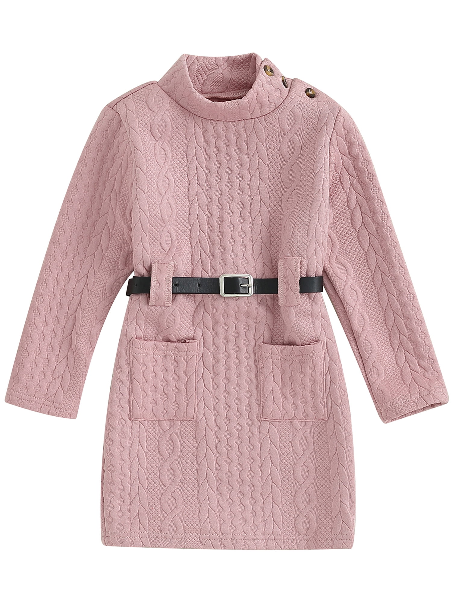 Mevireiy Little Girl Turtleneck Pocket Sweater Dress Ribbed Knit Button Dresses with Belt, Pink ...