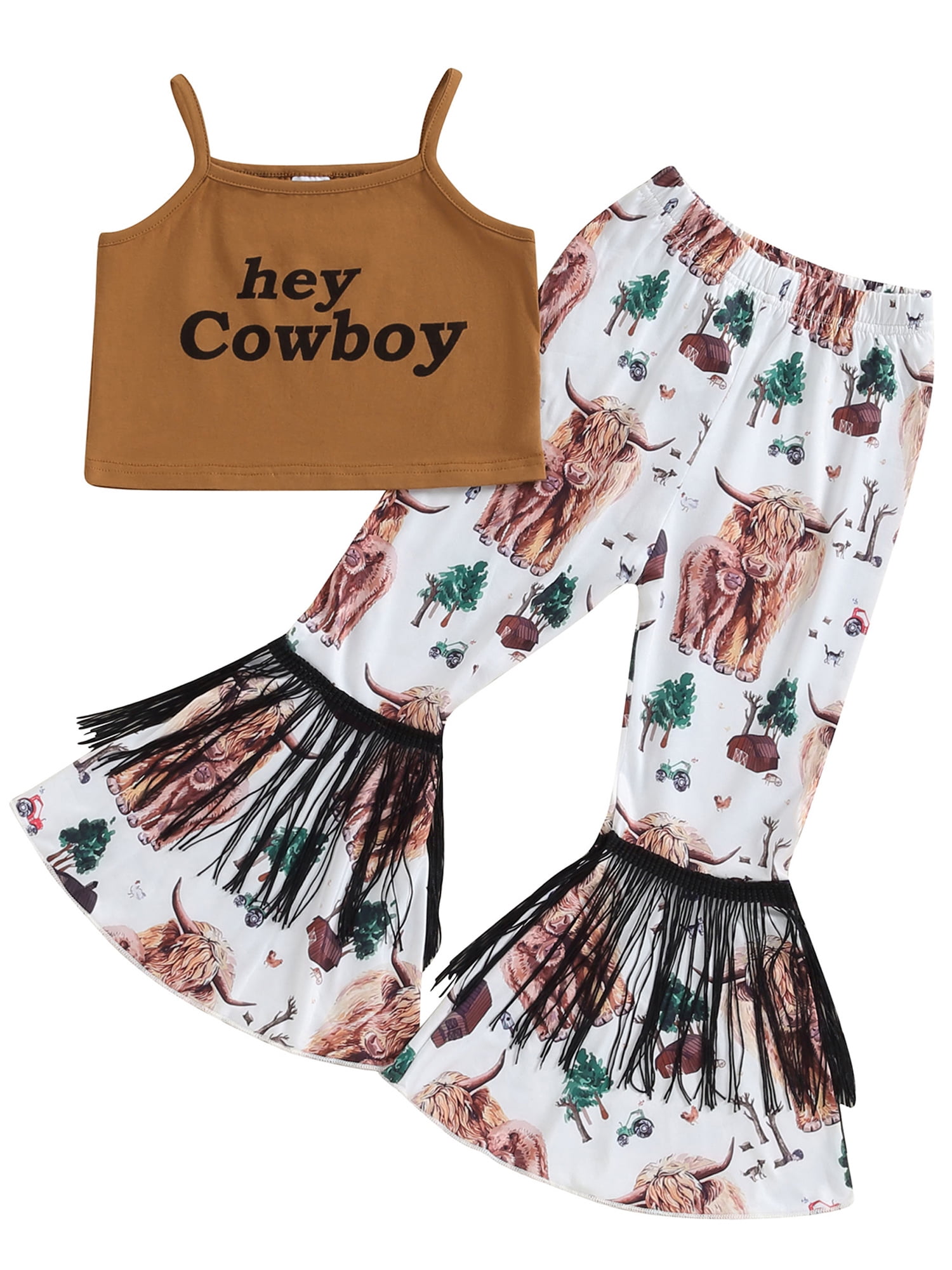 Mevireiy Little Girls Outfits Halter Crop Tops Cattle Head Print Tassle ...