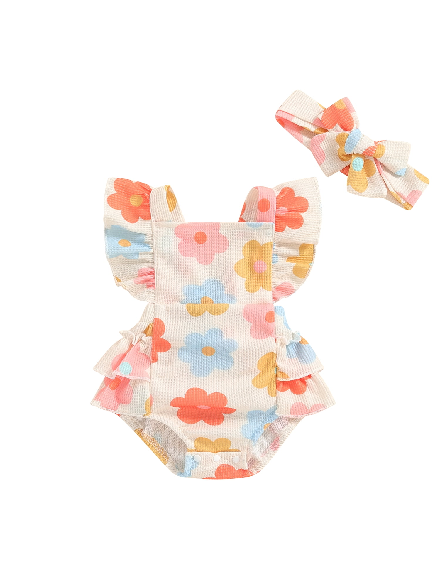 Mevireiy Newborn Baby Girl Waffle Fly Sleeve Strawberry Print Bubble Romper One Piece Jumpsuit ...