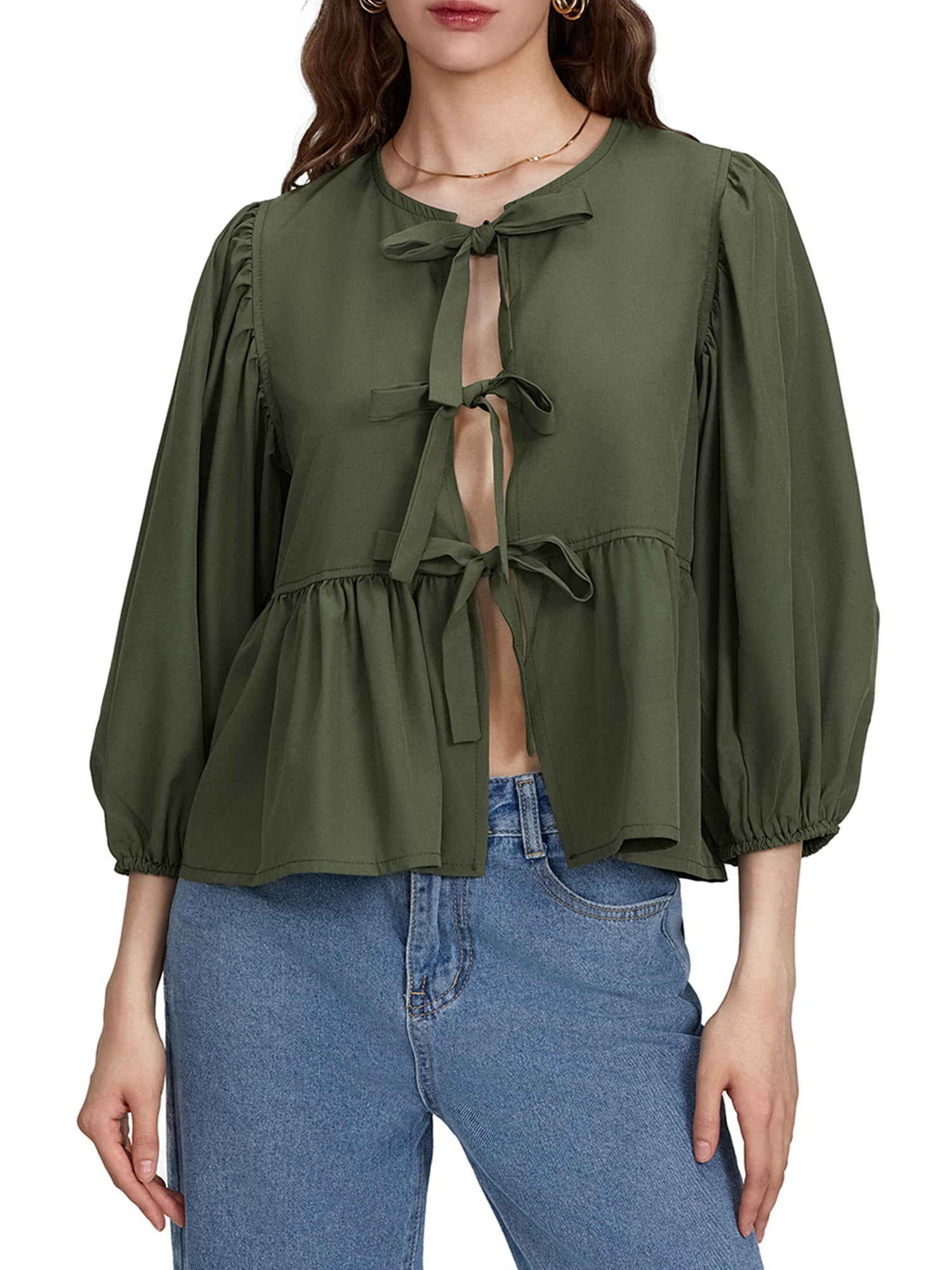 Mevireiy Tie Front Tops for Women, 3/4 Length Puff Sleeve Y2K Peplum ...