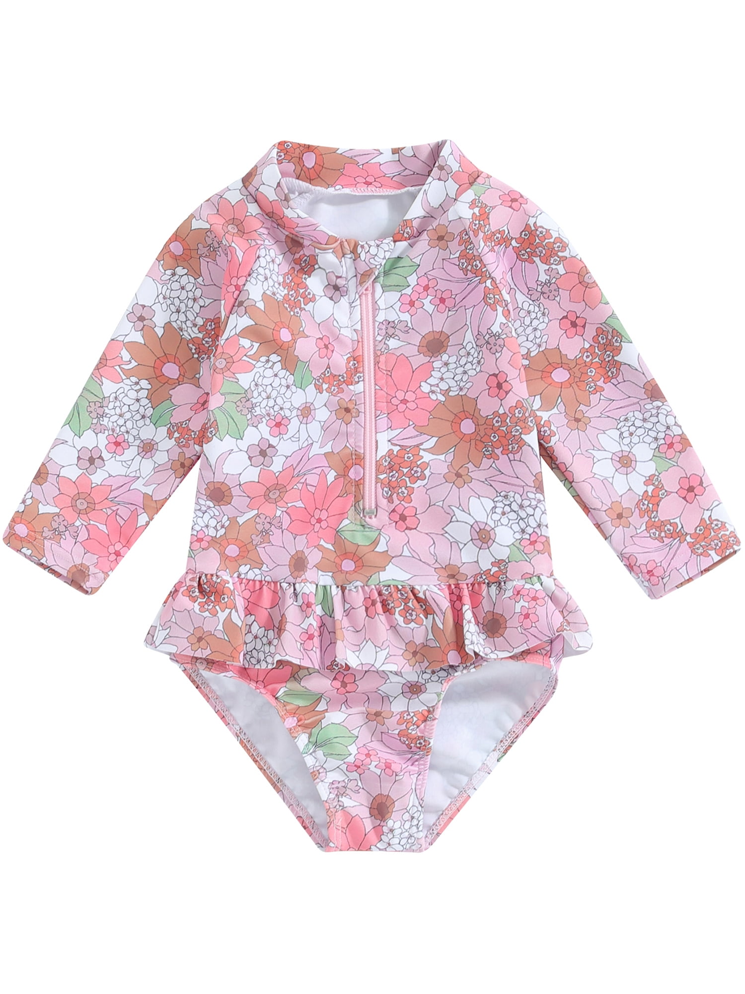 Mevireiy Toddle Girls Rash Guard Swimsuit Long Sleeve Zip Up Floral Print Bikini Swimwear,Pink,2 ...