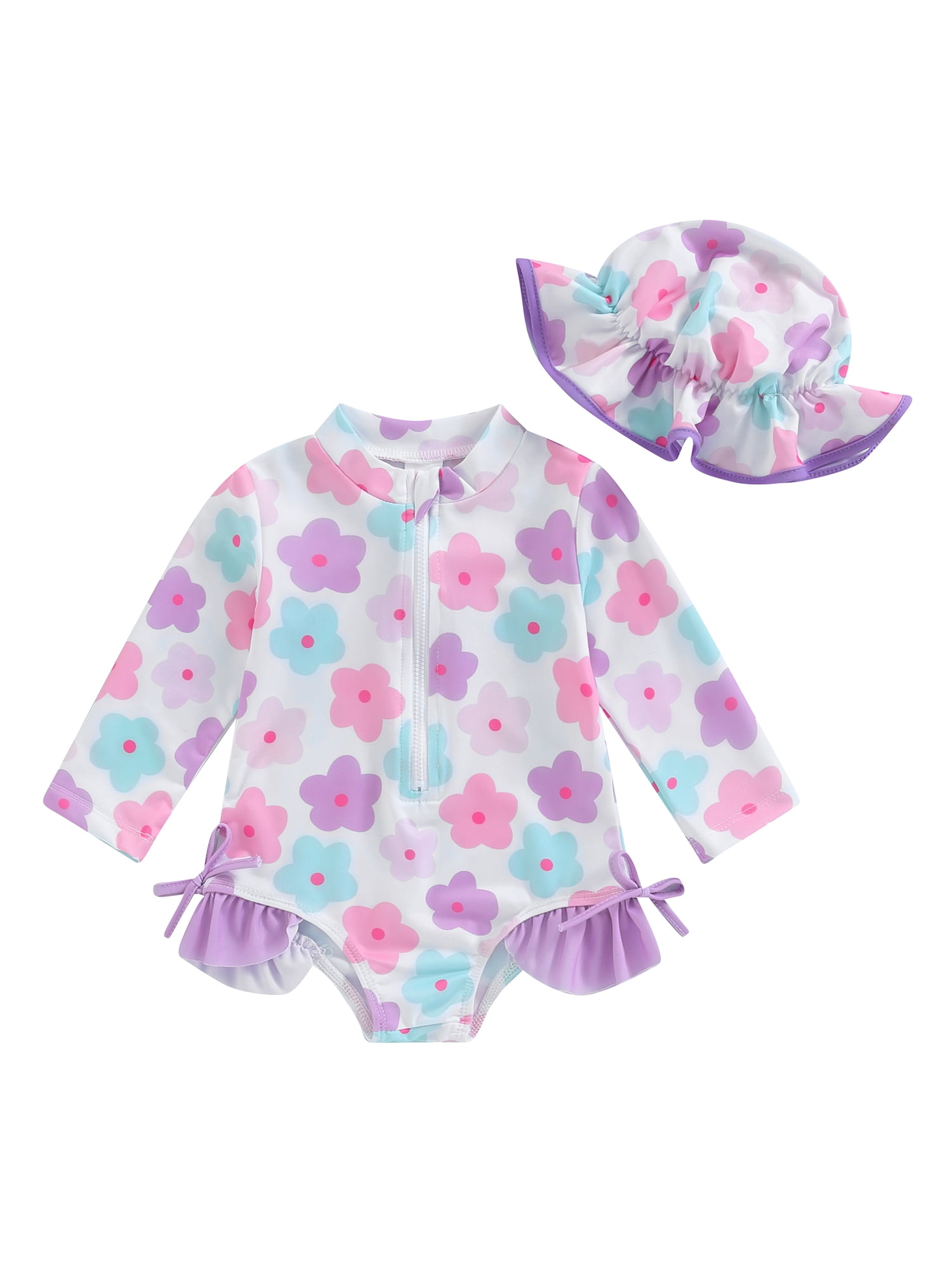 Mevireiy Toddler Baby Girls One-Piece Rash Guard Swimsuit Long Sleeve Floral Print Ruffle Zipper ...