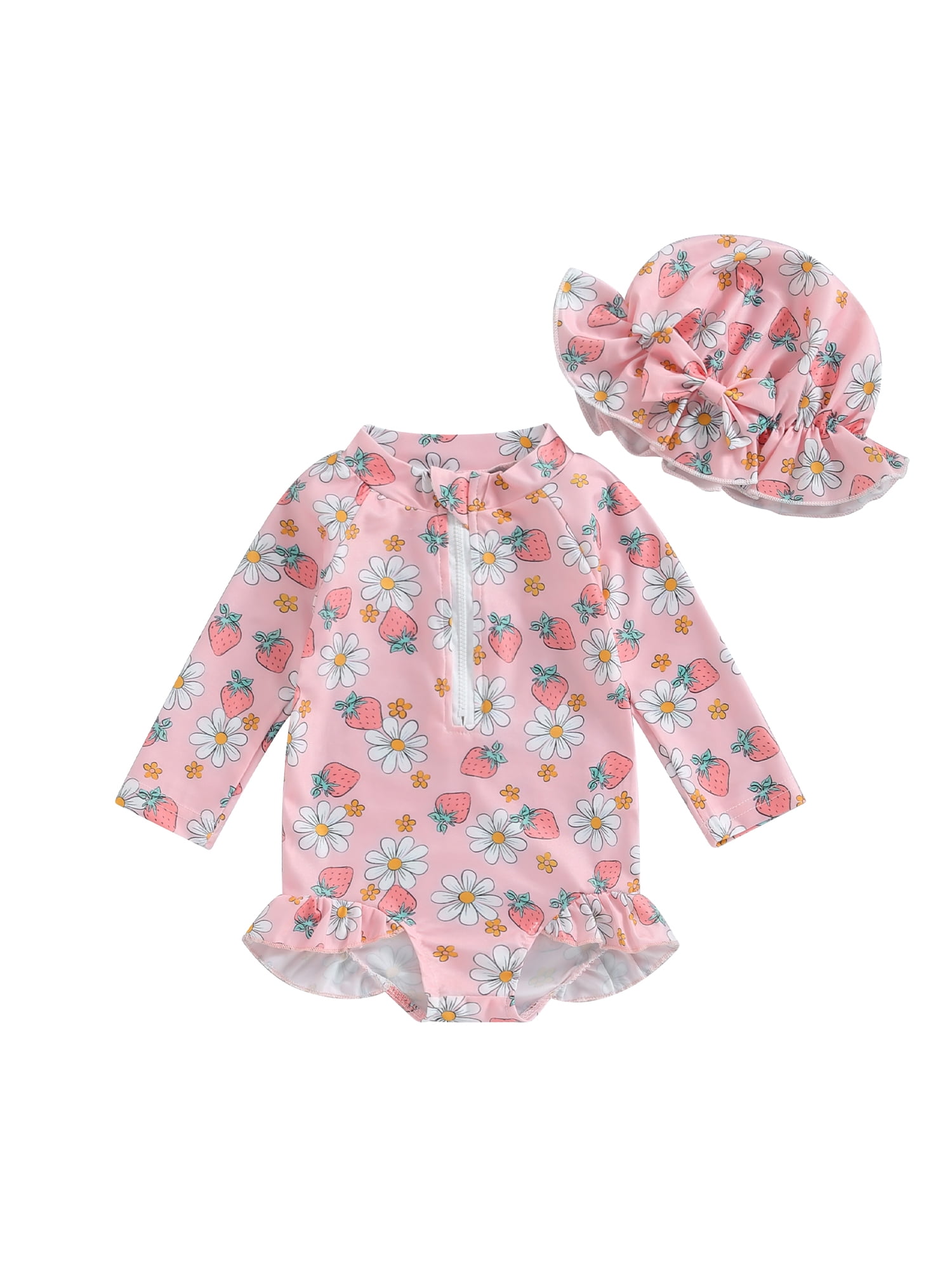 Mevireiy Toddler Baby Girls One-Piece Rash Guard Swimsuit Long Sleeve Strawberry Print Ruffle ...