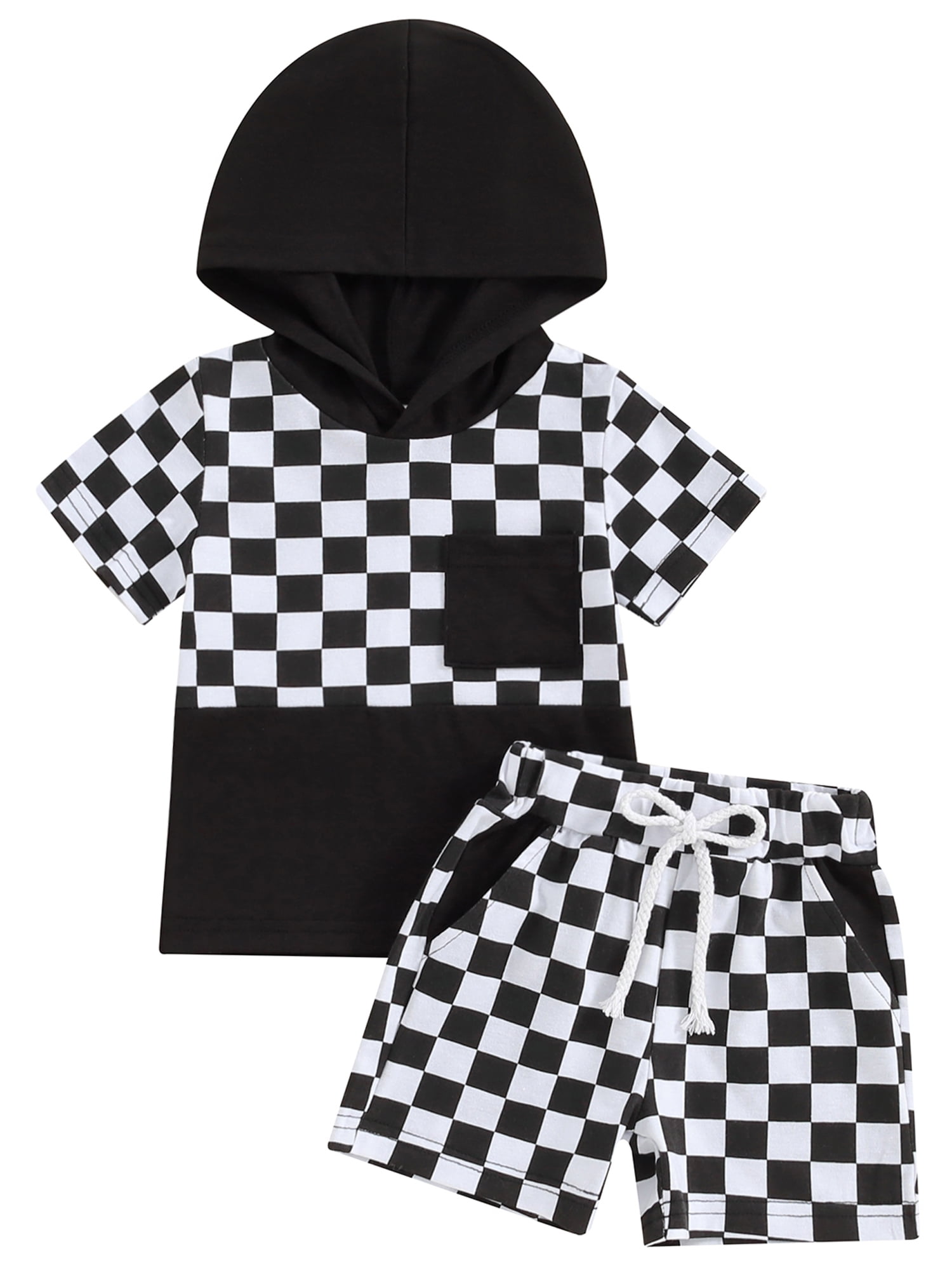 Mevireiy Toddler Boy Outfits Checkerboard Print Hooded T-Shirts Tops ...