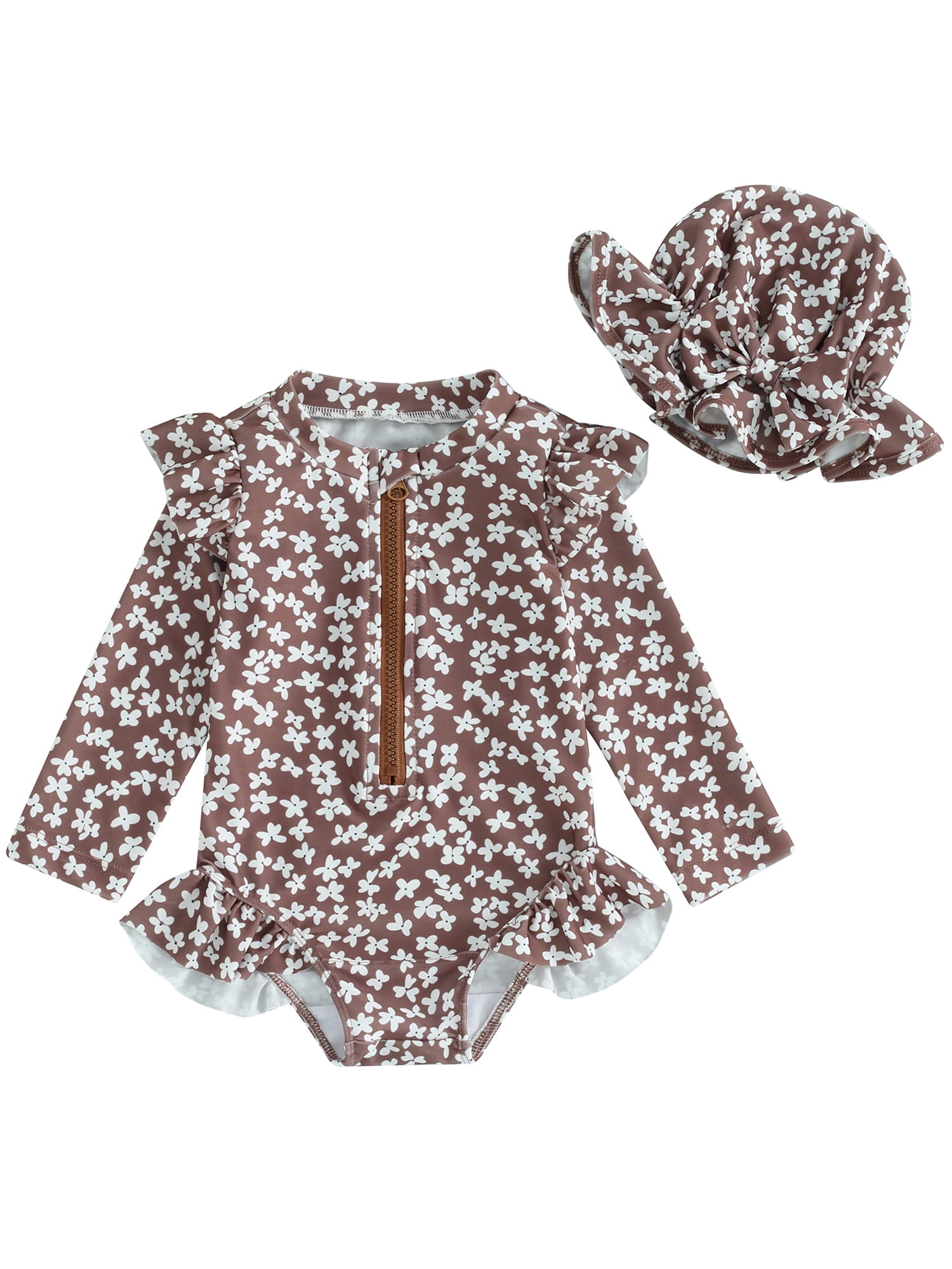 Mevireiy Toddler Girl Rash Guard Swimsuit Long Sleeve Floral Zipper One Piece Swimwear,Brown,2-3 ...