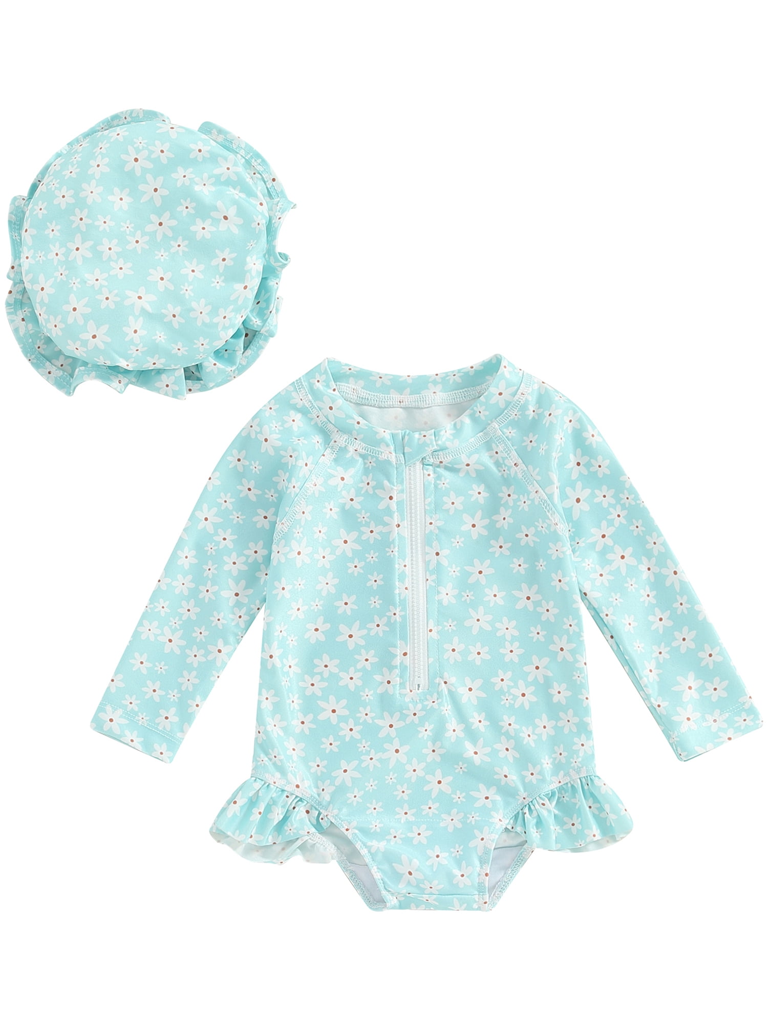 Mevireiy Toddler Girl Rash Guard Swimsuit Long Sleeve Floral Zipper One Piece Swimwear,Green,2-3 ...