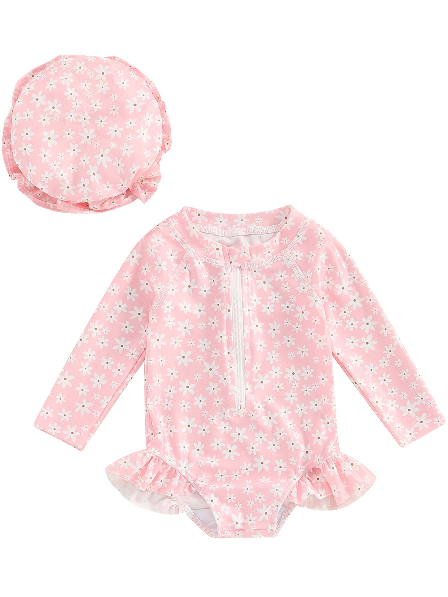 Mevireiy Toddler Girl Rash Guard Swimsuit Long Sleeve Floral Zipper One Piece Swimwear,Pink,12 ...
