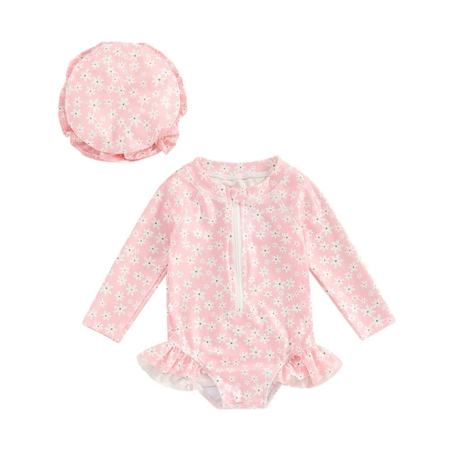 Mevireiy Toddler Girl Rash Guard Swimsuit Long Sleeve Floral Zipper One Piece Swimwear,Pink,6-9 ...
