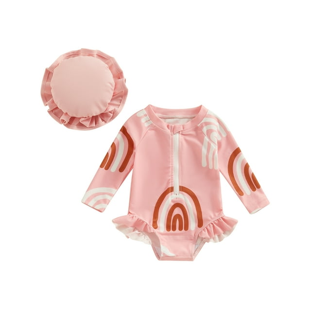 Mevireiy Toddler Girl Rash Guard Swimsuit Long Sleeve Floral Zipper One Piece Swimwear,Pink,6-9 ...