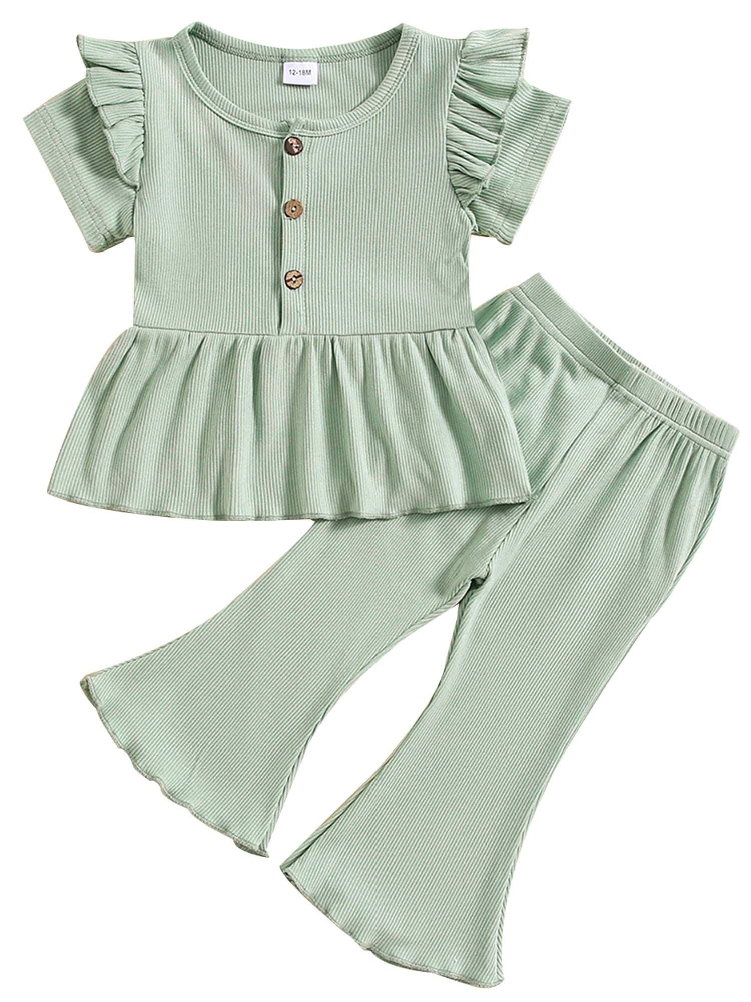 Mevireiy Toddler Girl Ribbed Knit Outfits Ruffe Button Shirt Dress ...