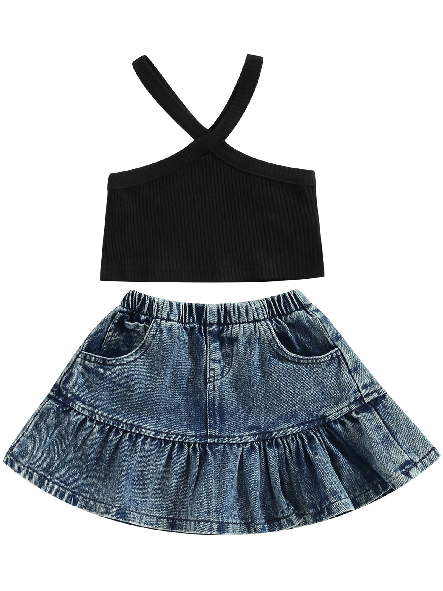 Mevireiy Toddler Girls Denim Halter Strap Crop Tops Elastic Shorts ...