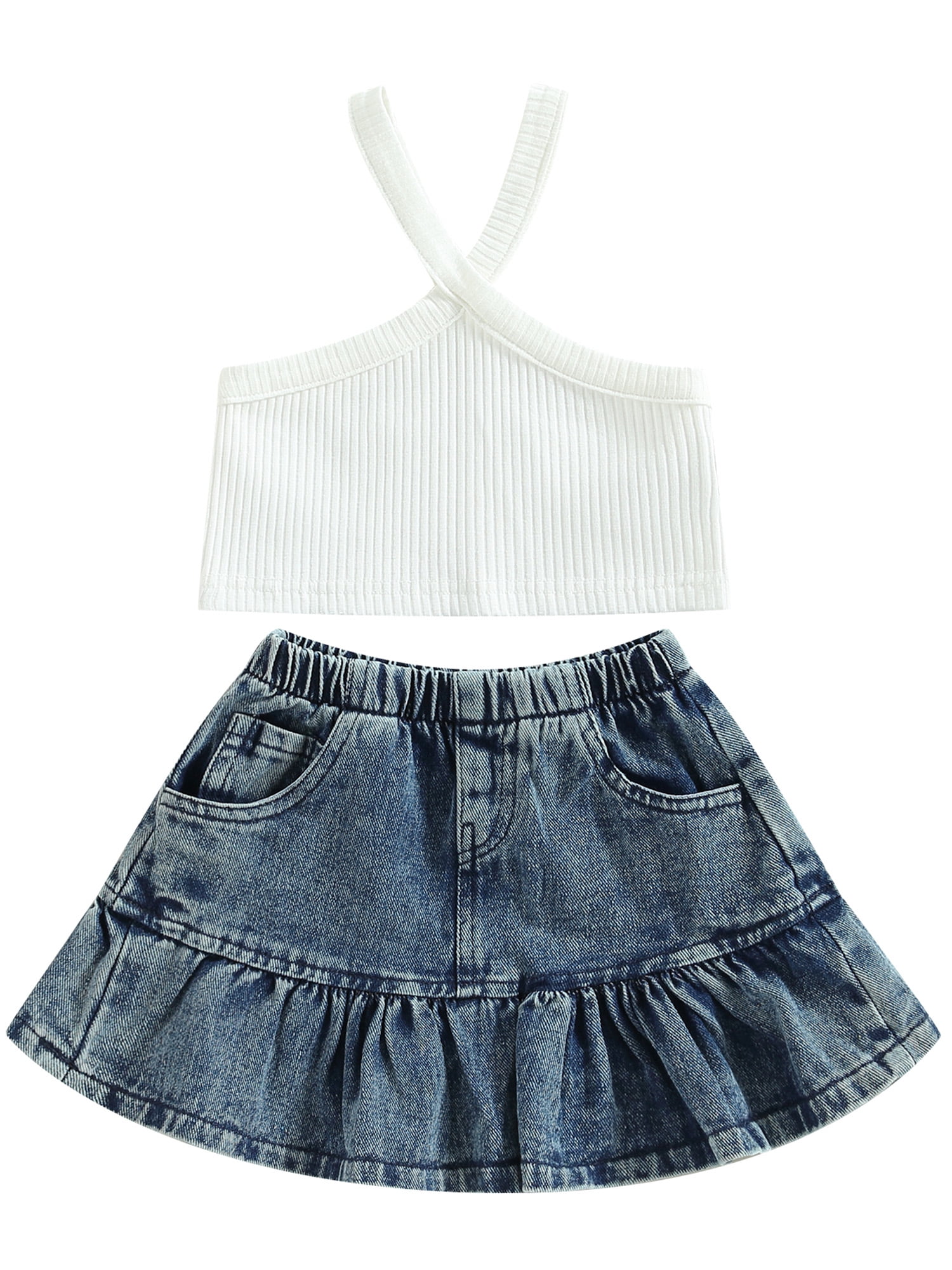Mevireiy Toddler Girls Denim Halter Strap Crop Tops Elastic Shorts ...