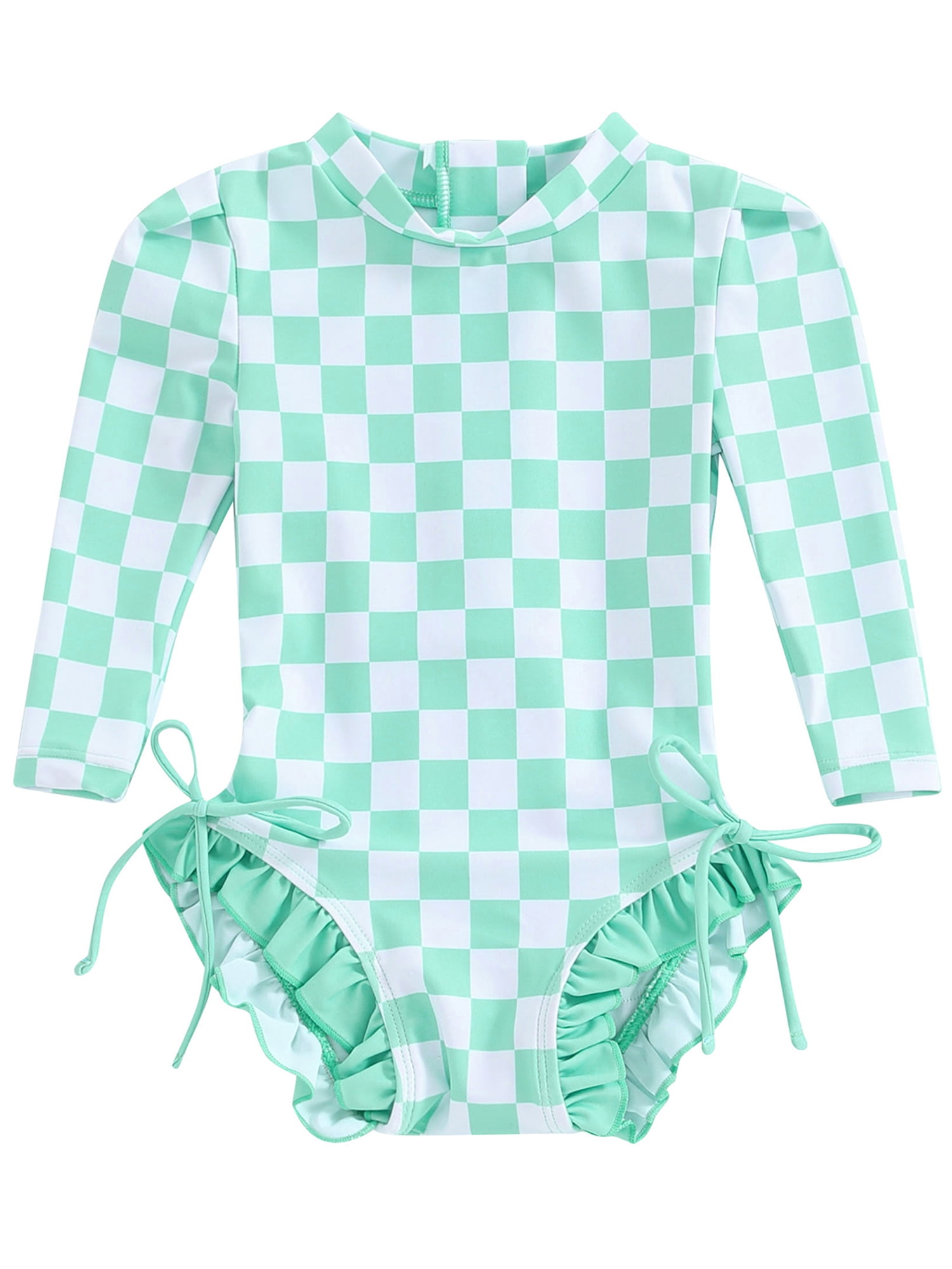 Mevireiy Toddler Girls Rash Guard Swimsuit Checkerboard Print Long Sleeve Tie Up Bikini, Green ...