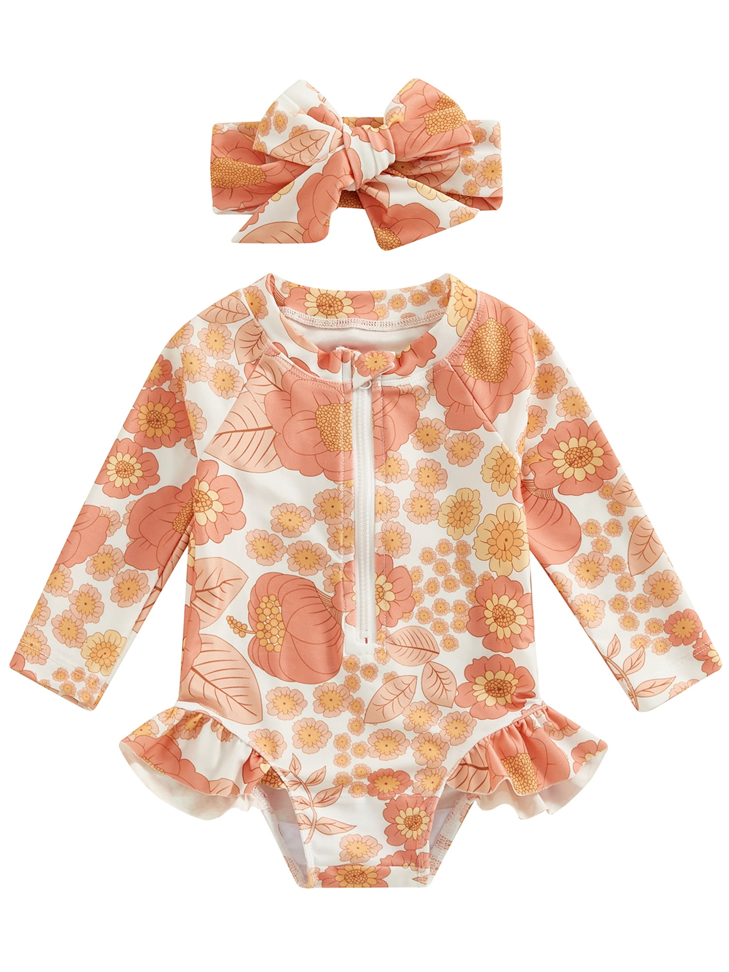 Mevireiy Toddler Girls Rash Guard Swimsuit Floral Print Long Sleeves Zipper Bathing Suit, Orange ...