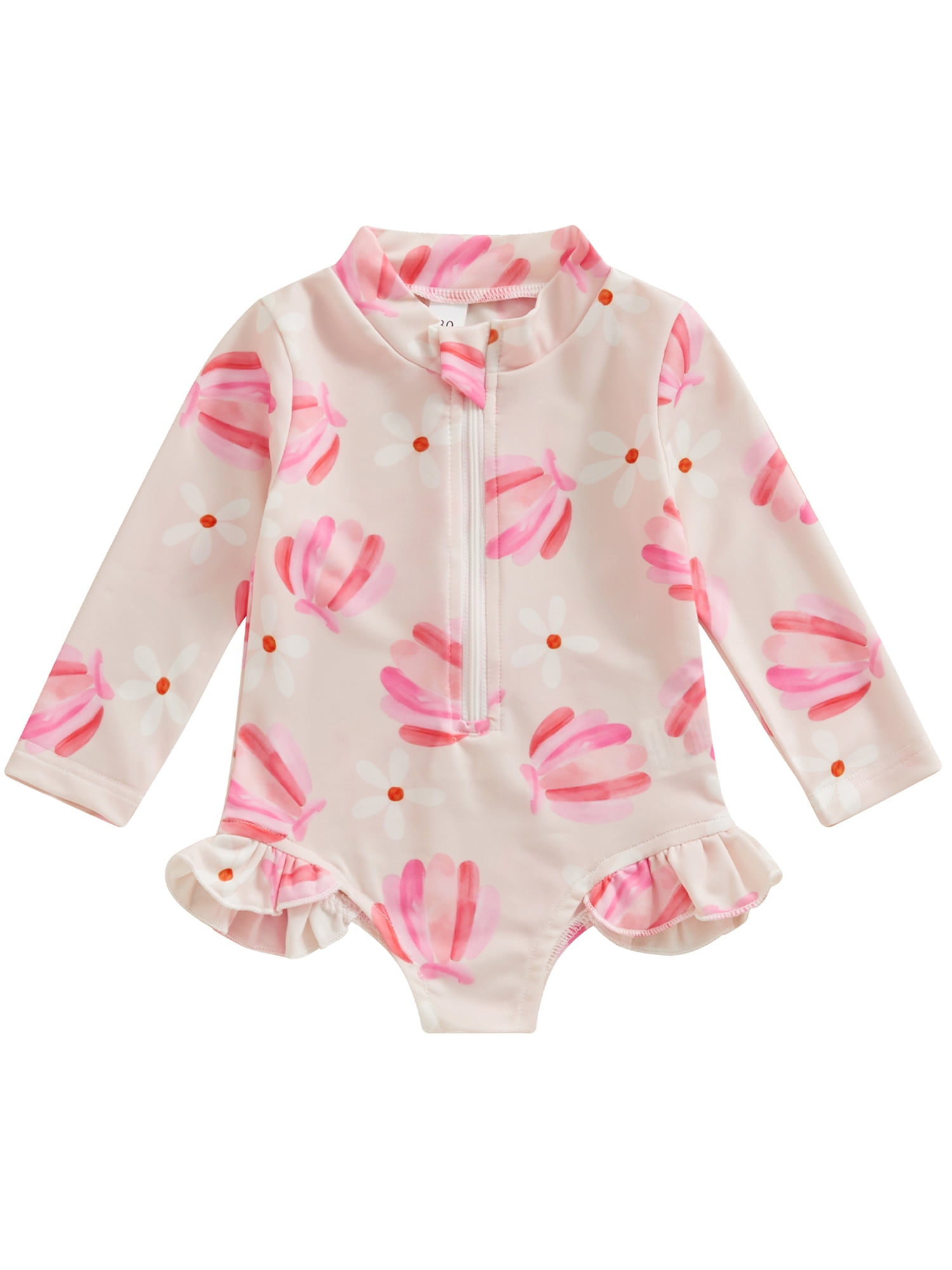 Mevireiy Toddler Girls Rash Guard Swimsuit Floral Print Long Sleeves Zipper Bathing Suit, Pink ...