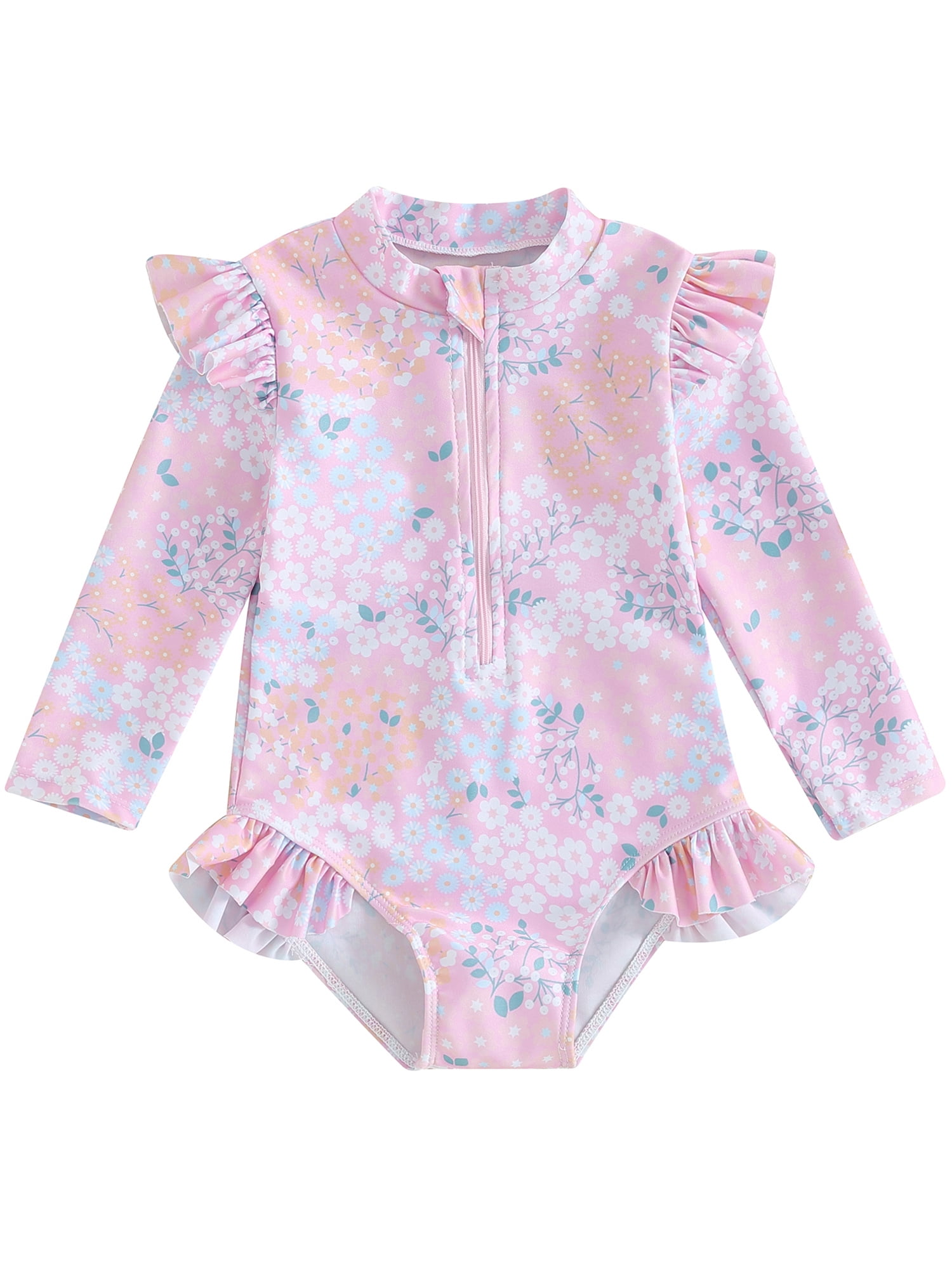Mevireiy Toddler Girls Rash Guard Swimsuit Floral Print Long Sleeves Zipper Bathing Suit, Pink ...