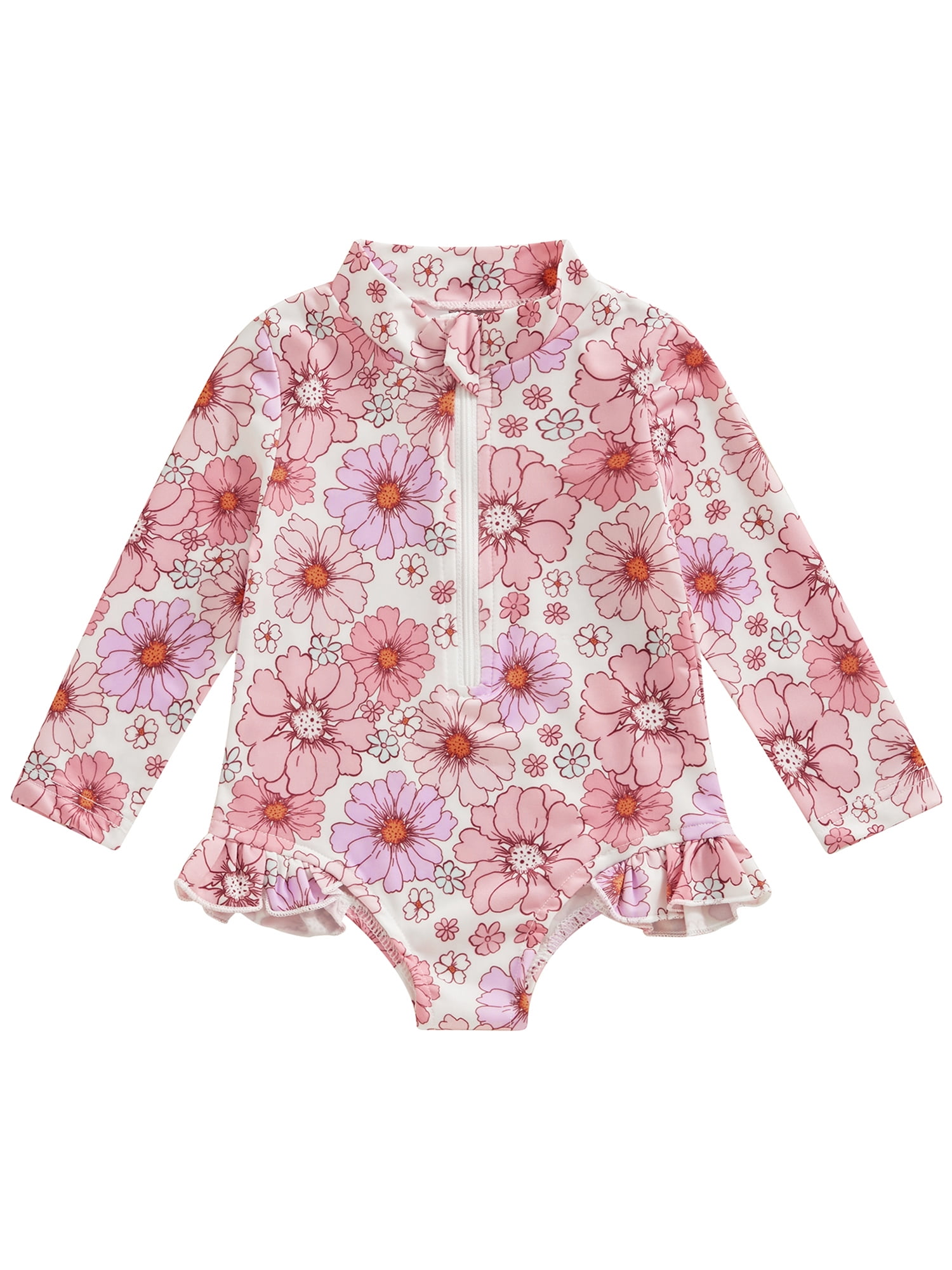 Mevireiy Toddler Girls Rash Guard Swimsuit Floral Print Long Sleeves Zipper Bathing Suit, White ...
