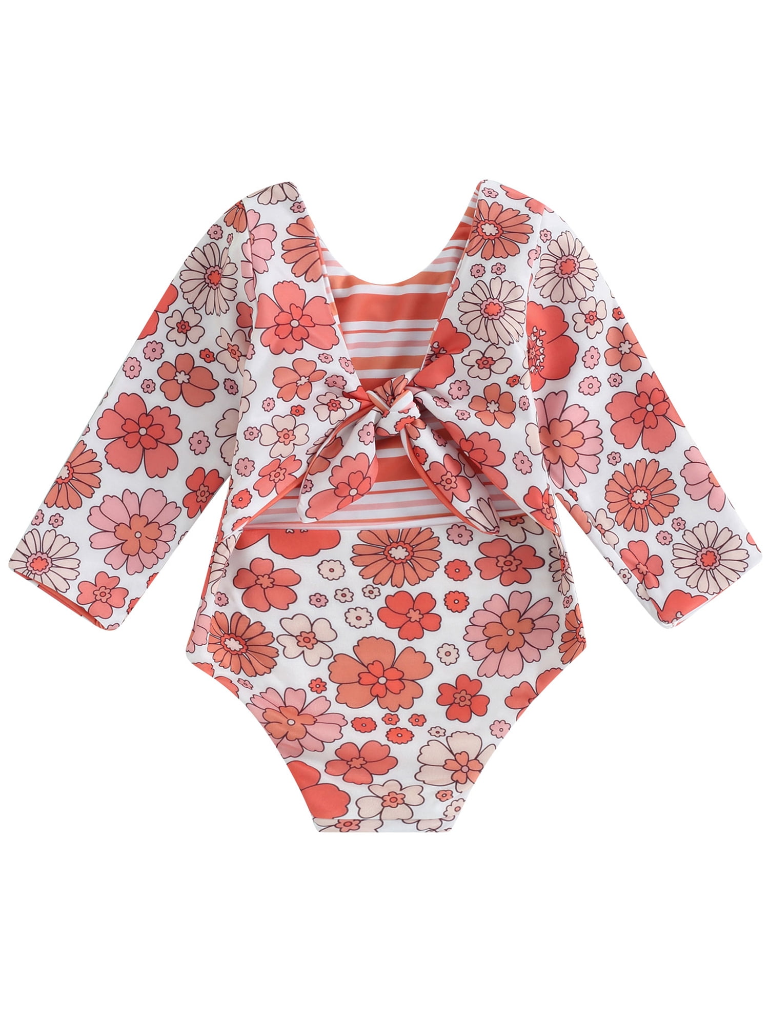 Mevireiy Toddler Girls Rash Guard Swimsuit Long Sleeve Floral Print Knot Front Swimwear, Brown ...