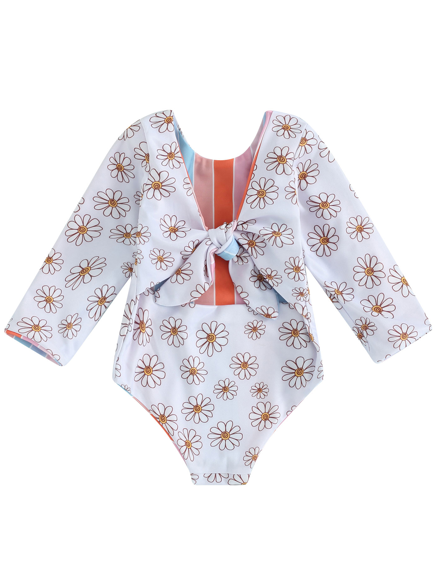 Mevireiy Toddler Girls Rash Guard Swimsuit Long Sleeve Floral Print Knot Front Swimwear, White ...