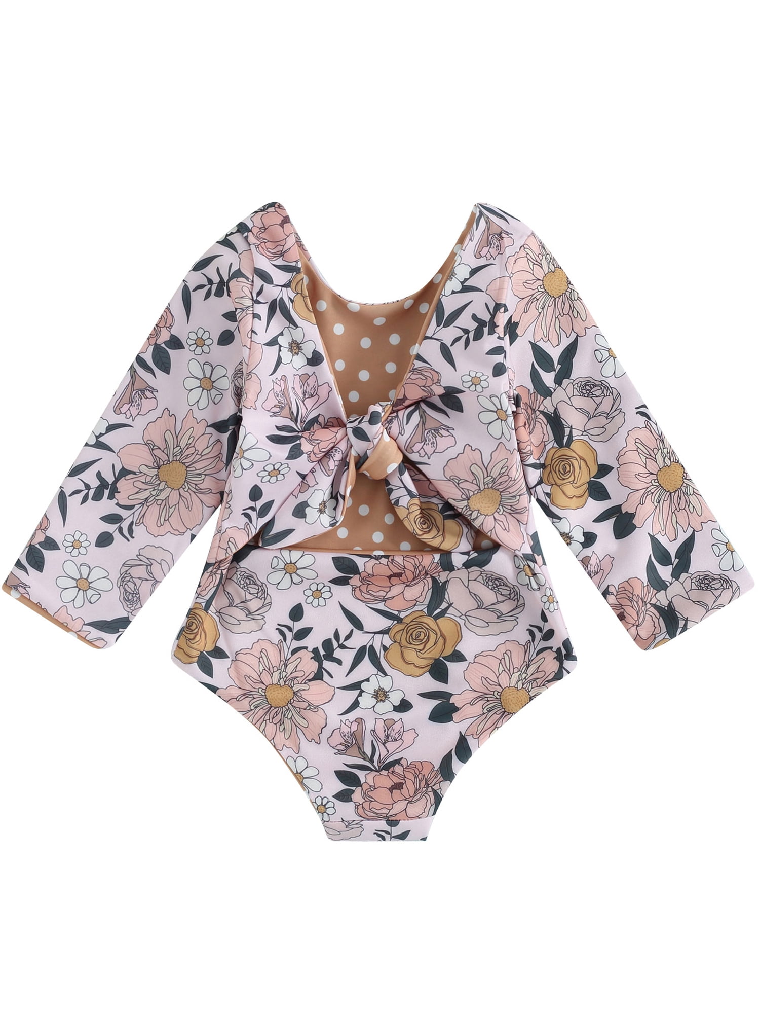 Mevireiy Toddler Girls Rash Guard Swimsuit Long Sleeve Floral Print Knot Front Swimwear, Yellow ...