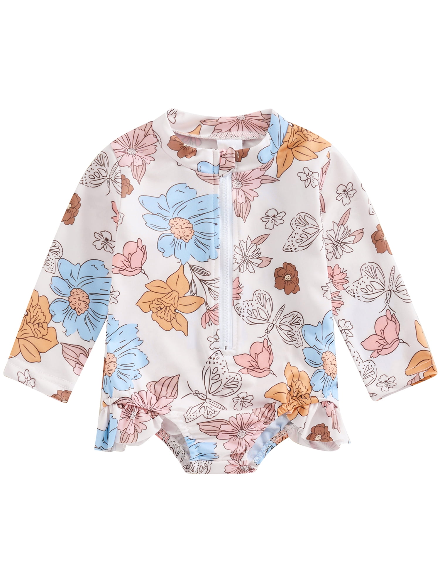 Mevireiy Toddler Girls Rash Guard Swimsuit Long Sleeve Floral Print Zipper Bathing Suit,Beige,12 ...