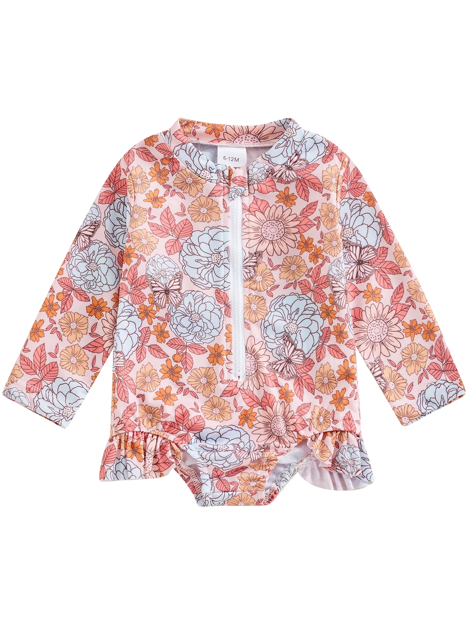 Mevireiy Toddler Girls Rash Guard Swimsuit Long Sleeve Floral Print Zipper Bathing Suit,Pink,12 ...