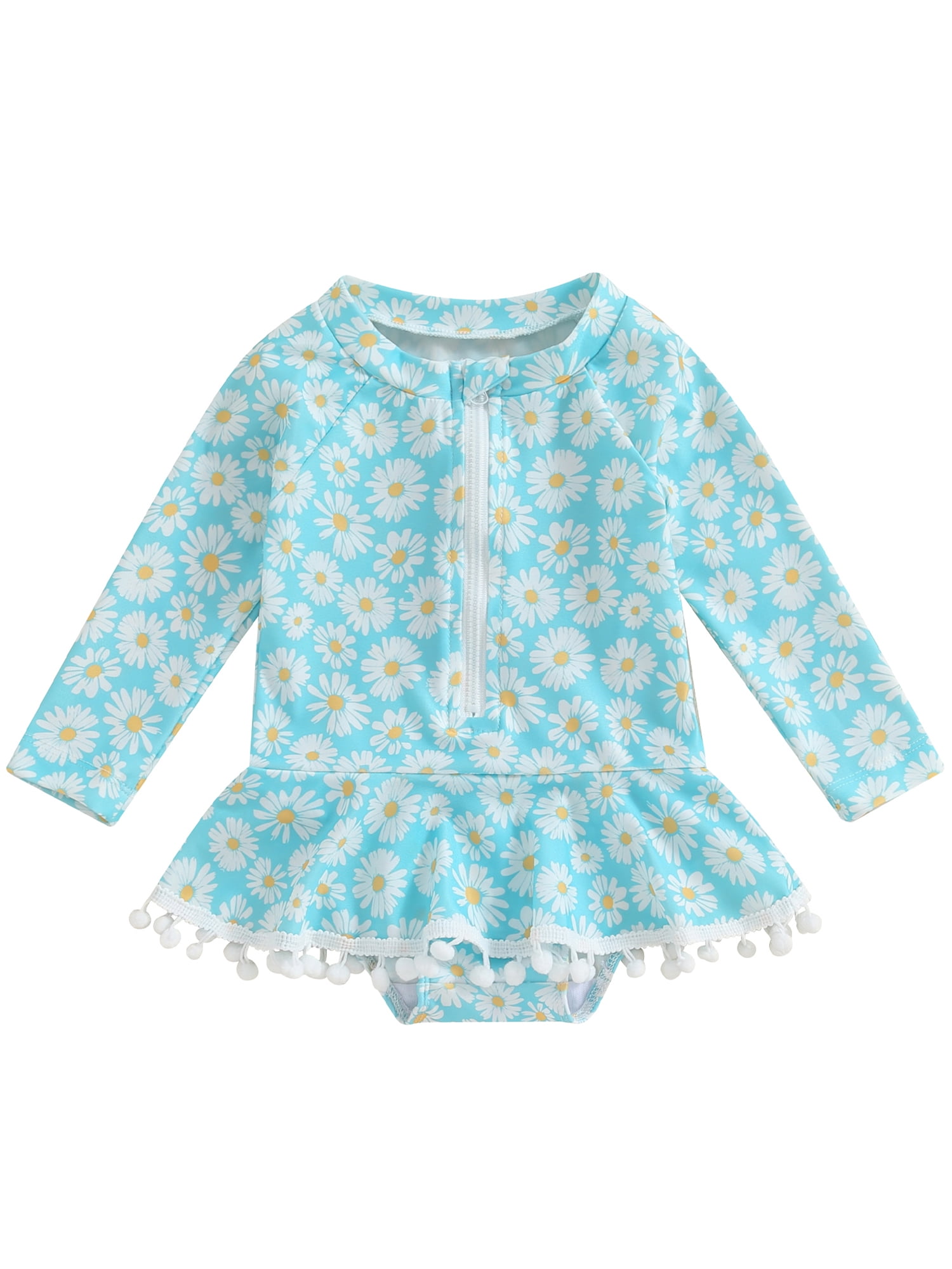 Mevireiy Toddler Girls Rash Guard Swimsuit Long Sleeve Zipper Floral Print Tassel Bikini, Blue ...