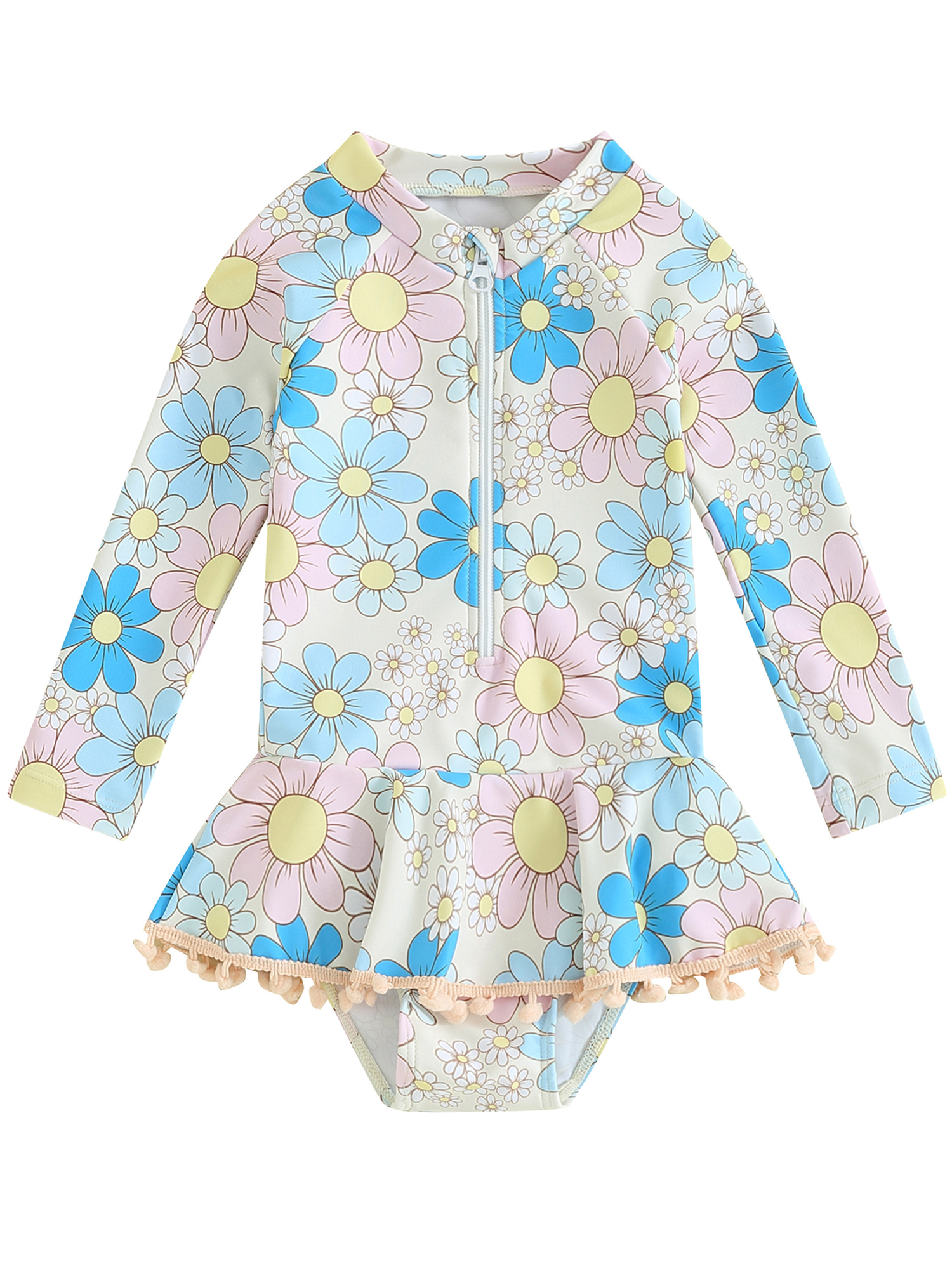 Mevireiy Toddler Girls Rash Guard Swimsuit Long Sleeve Zipper Floral Print Tassel Bikini, Blue ...