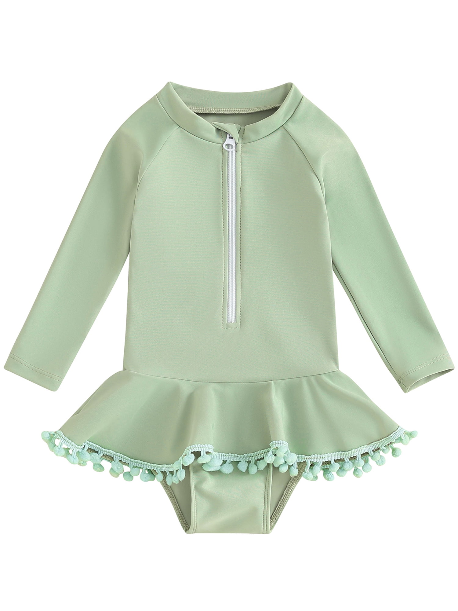 Mevireiy Toddler Girls Rash Guard Swimsuit Long Sleeve Zipper Floral Print Tassel Bikini, Green ...