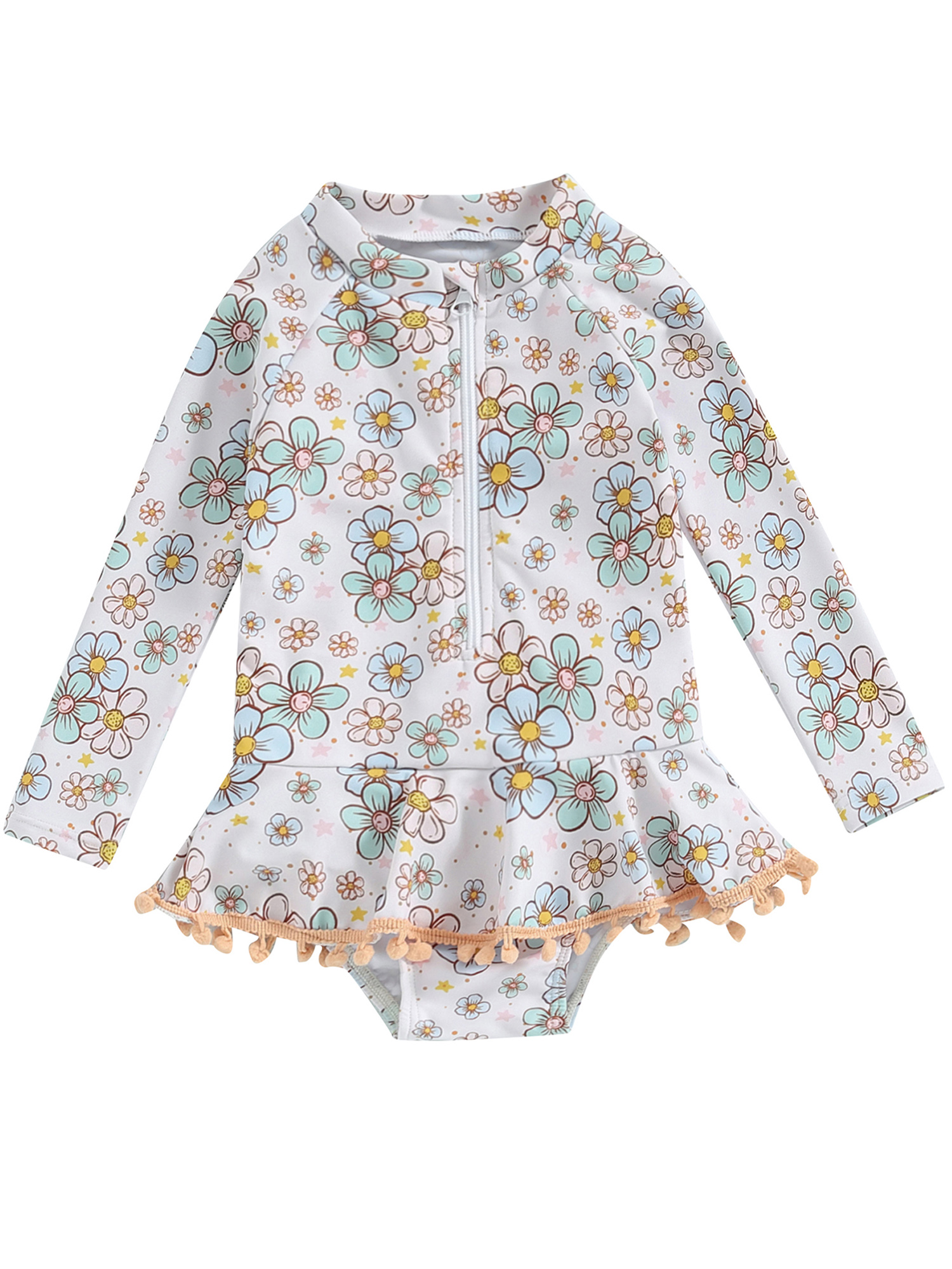 Mevireiy Toddler Girls Rash Guard Swimsuit Long Sleeve Zipper Floral Print Tassel Bikini, Green ...