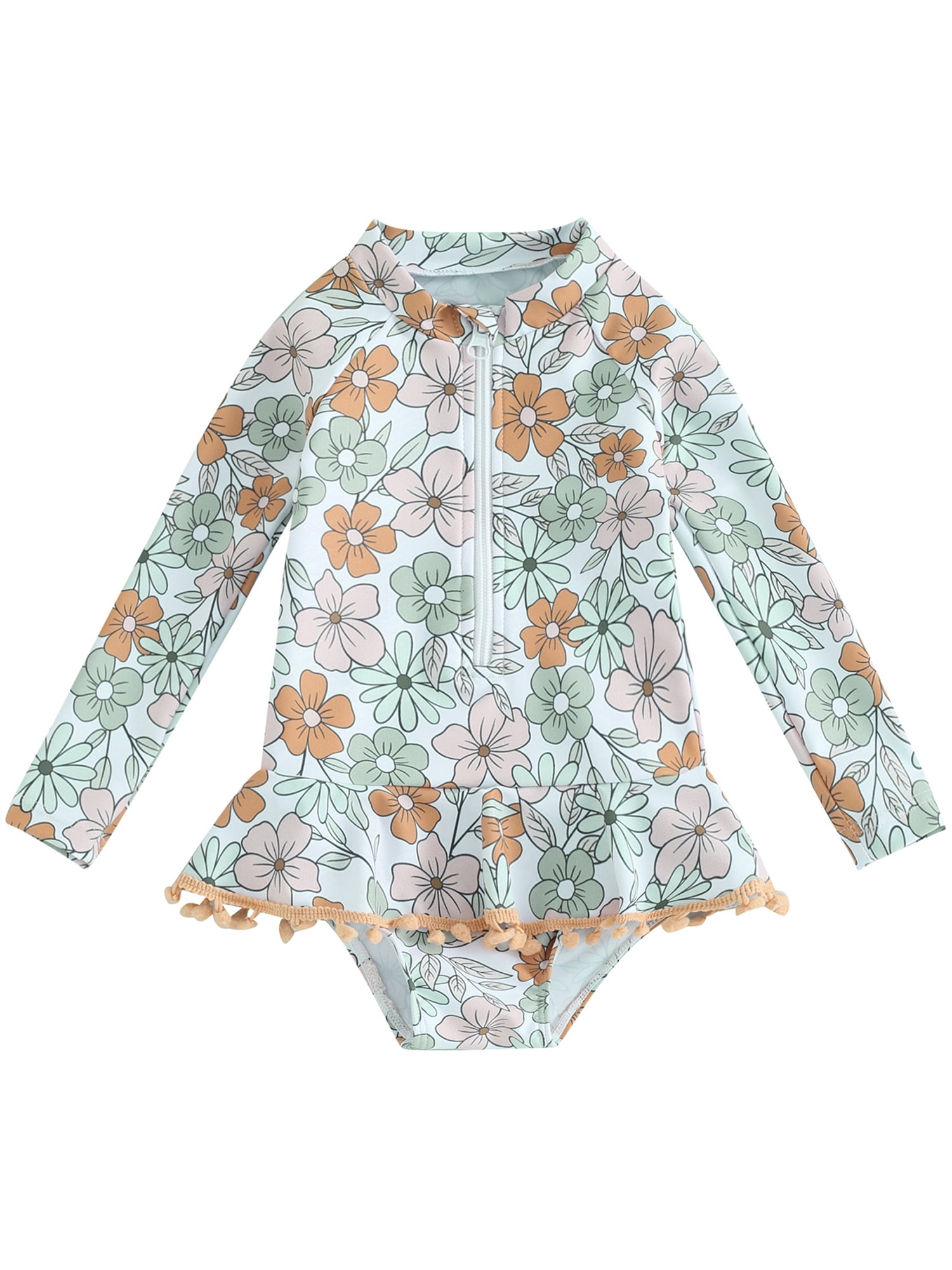 Mevireiy Toddler Girls Rash Guard Swimsuit Long Sleeve Zipper Floral Print Tassel Bikini, Green ...