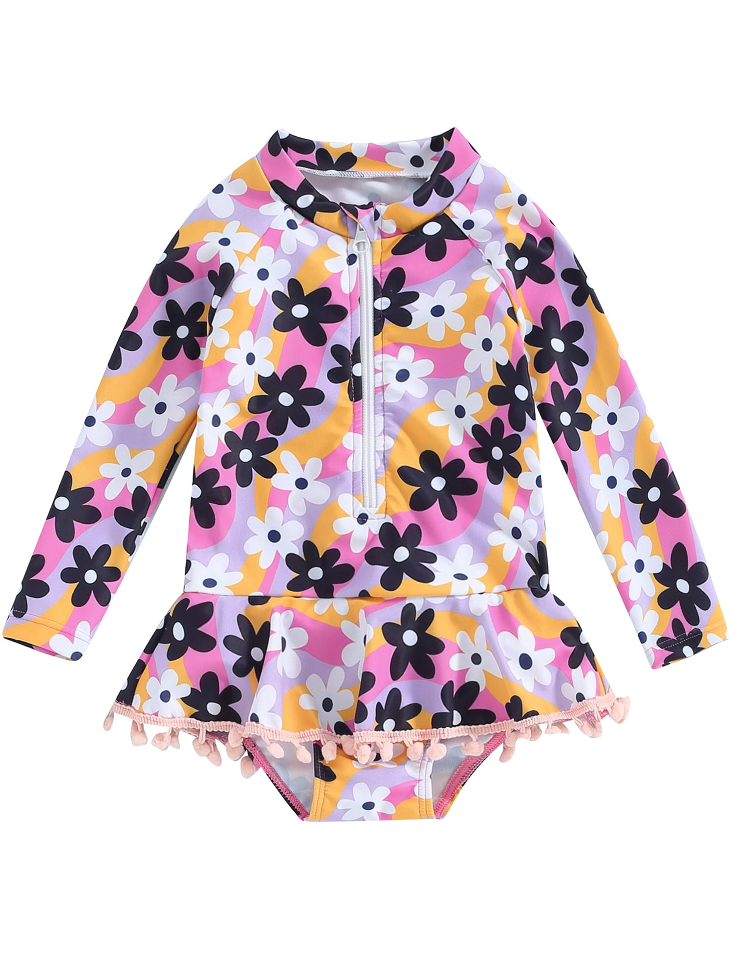 Mevireiy Toddler Girls Rash Guard Swimsuit Long Sleeve Zipper Floral Print Tassel Bikini, Pink ...