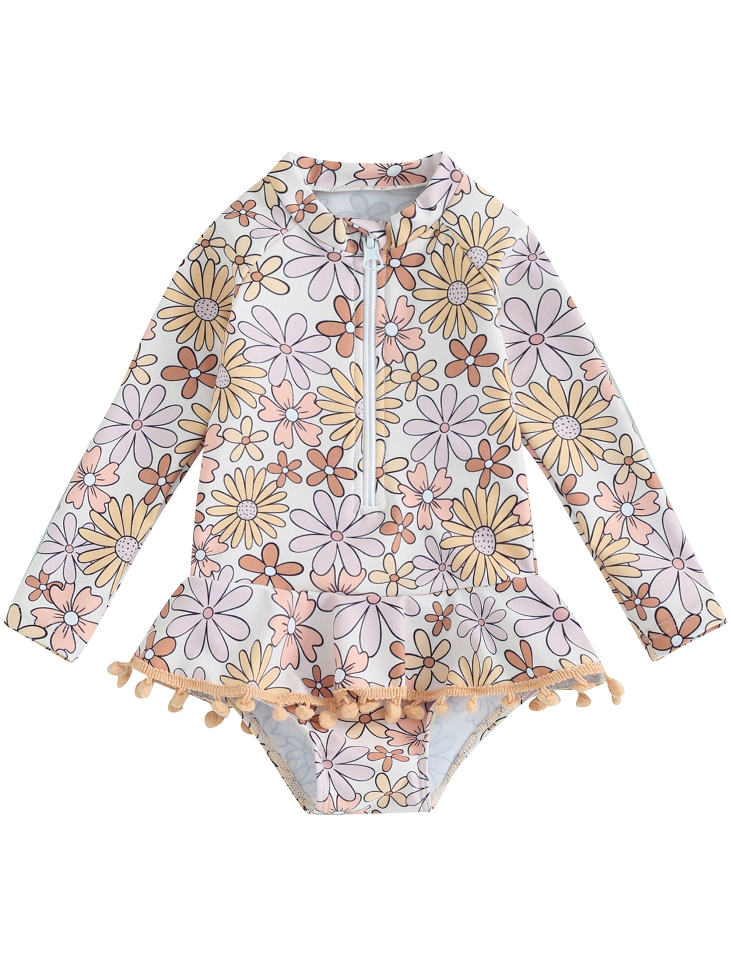 Mevireiy Toddler Girls Rash Guard Swimsuit Long Sleeve Zipper Floral Print Tassel Bikini, Yellow ...