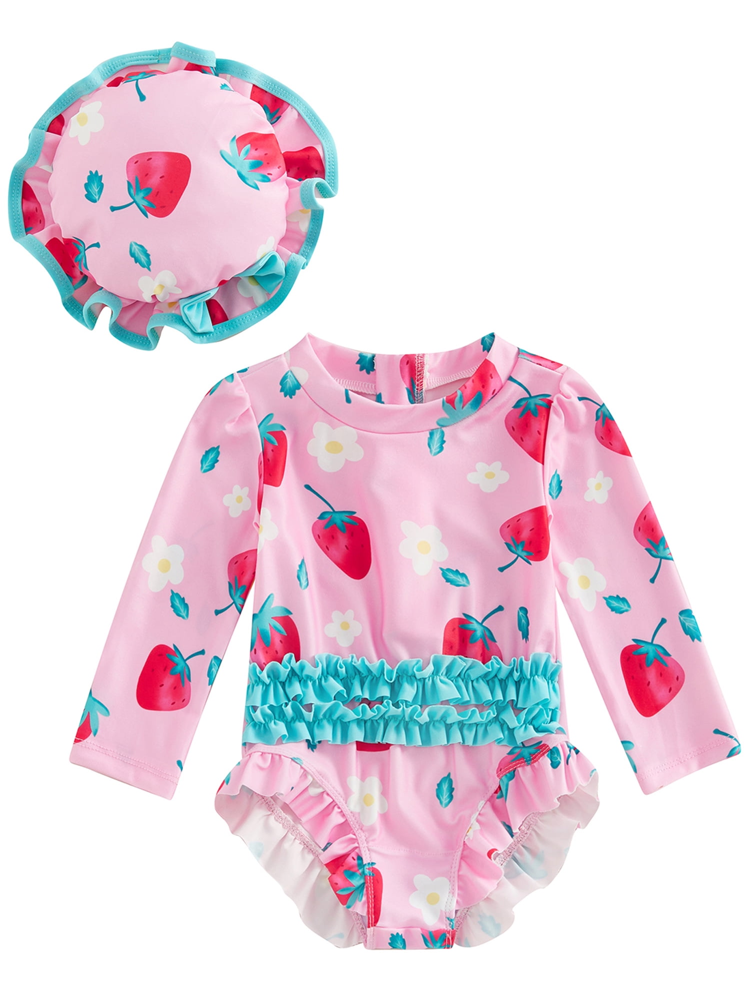 Mevireiy Toddler Girls Rash Guard Swimsuit Strawberry Print Long Sleeve Bathing Suit Hat, Pink ...