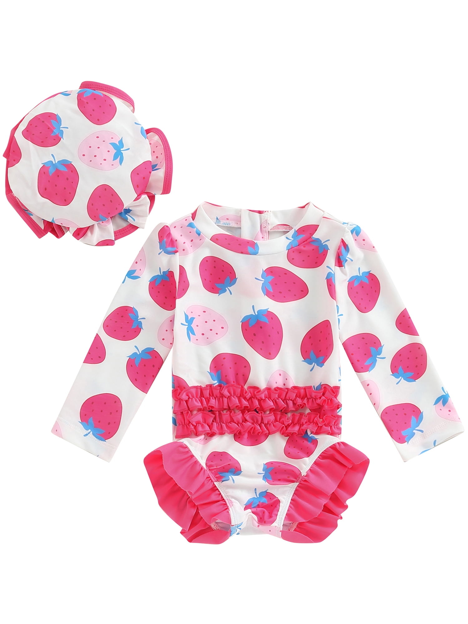 Mevireiy Toddler Girls Rash Guard Swimsuit Strawberry Print Long Sleeve Bathing Suit Hat, Red ...