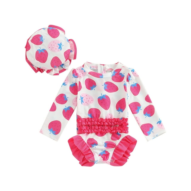Mevireiy Toddler Girls Rash Guard Swimsuit Strawberry Print Long Sleeve Bathing Suit Hat, Red ...