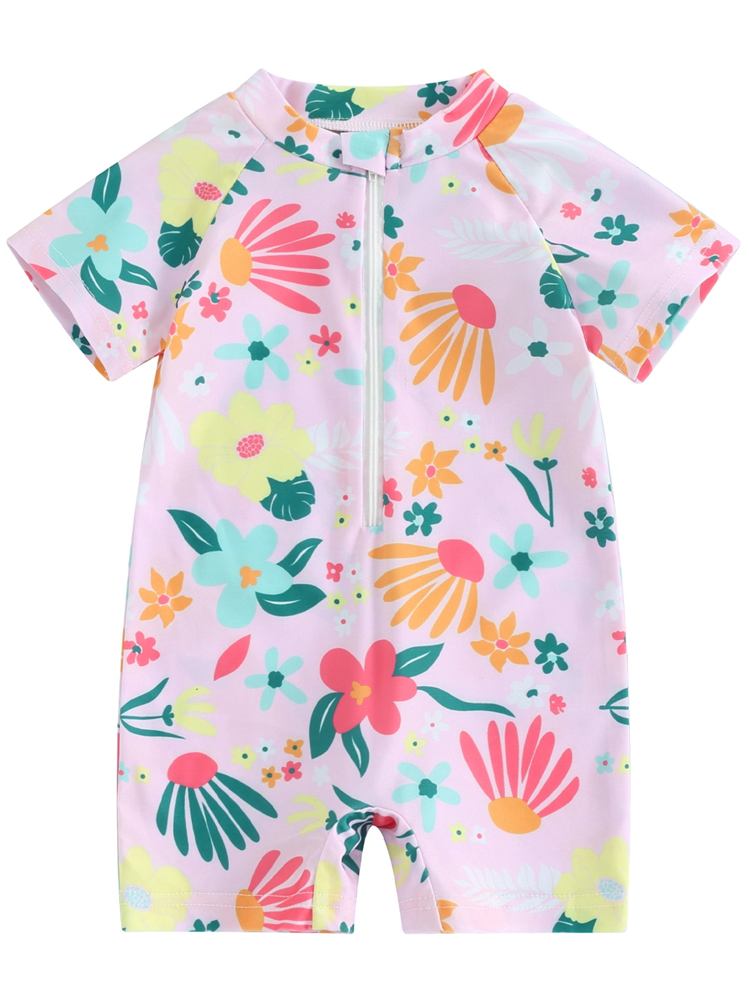 Mevireiy Toddler Girls Rash Guard Swimsuit Zipper Floral Print Sun Protective Swimwear, Pink, 3 ...